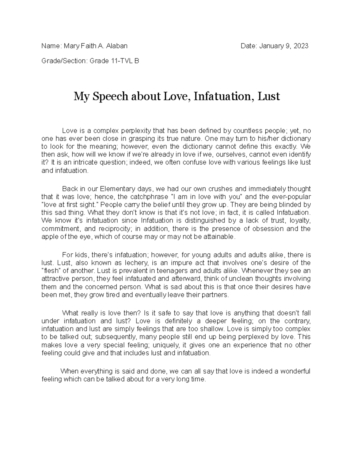 My Speech about Love - Name: Mary Faith A. Alaban Date: January 9, 2023 ...
