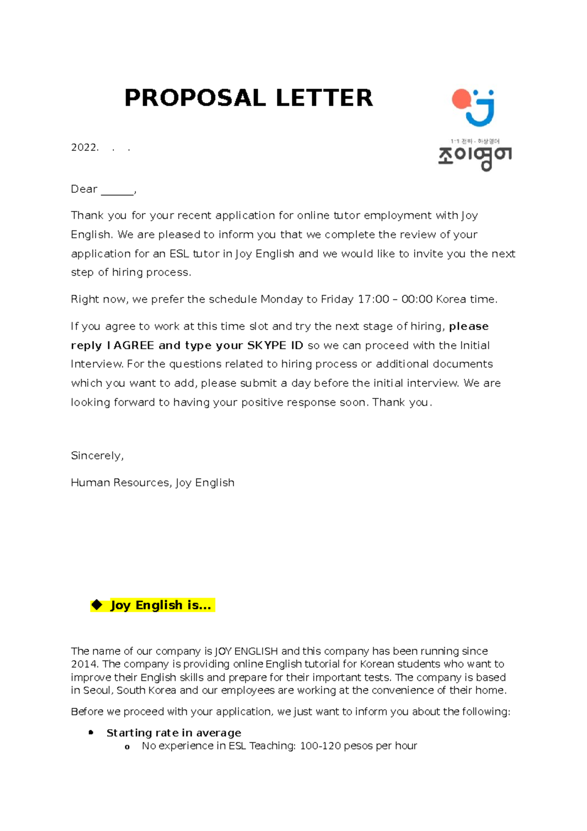 Proposal Joy English - ssssssssssssssssssssssssss - PROPOSAL LETTER 2022... Dear ______, Thank ...