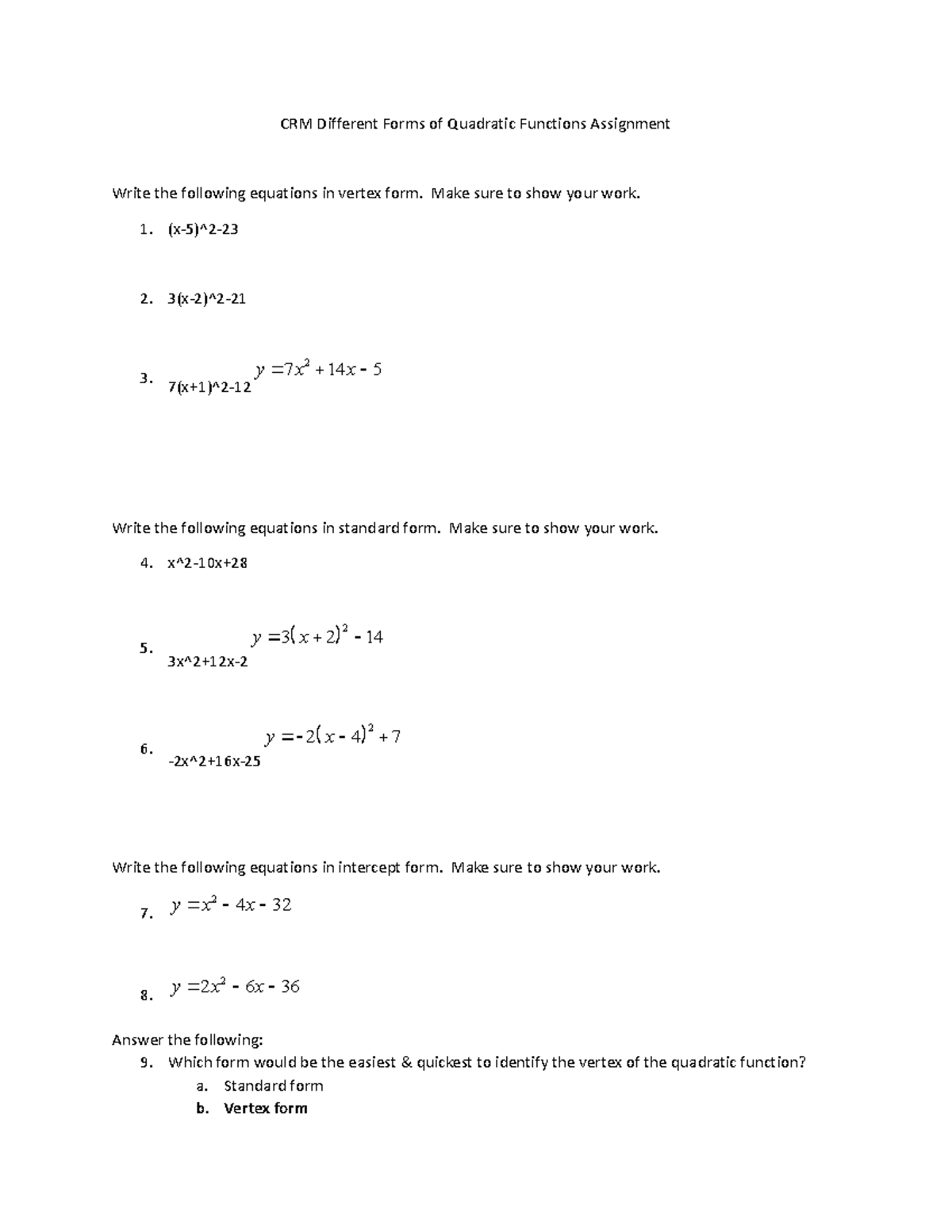 CRM Different Forms of Quadratic Functions Assignment - Make sure to ...
