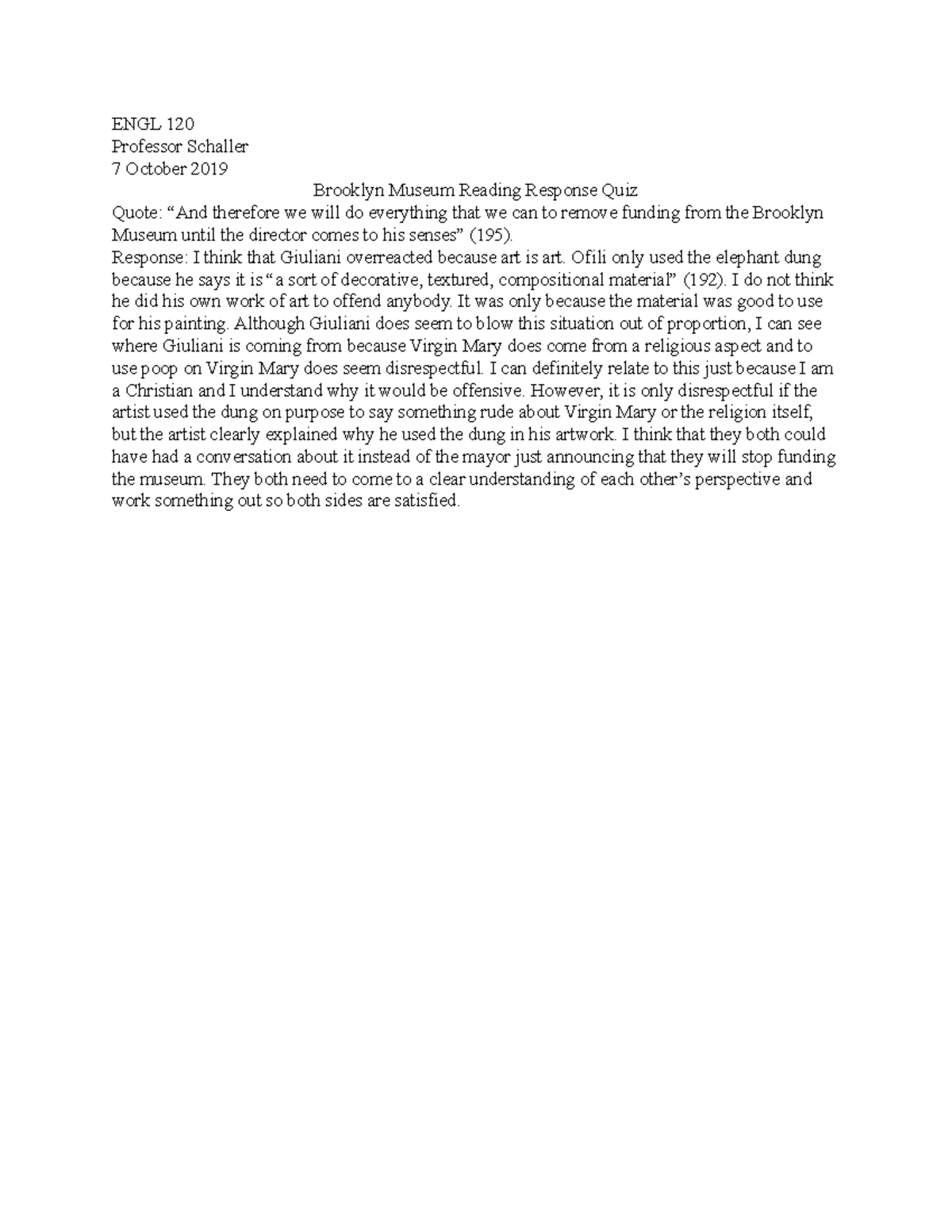 ENGL 120 Brooklyn Museum Reading Response QUIZ - ENGL 120 Professor ...