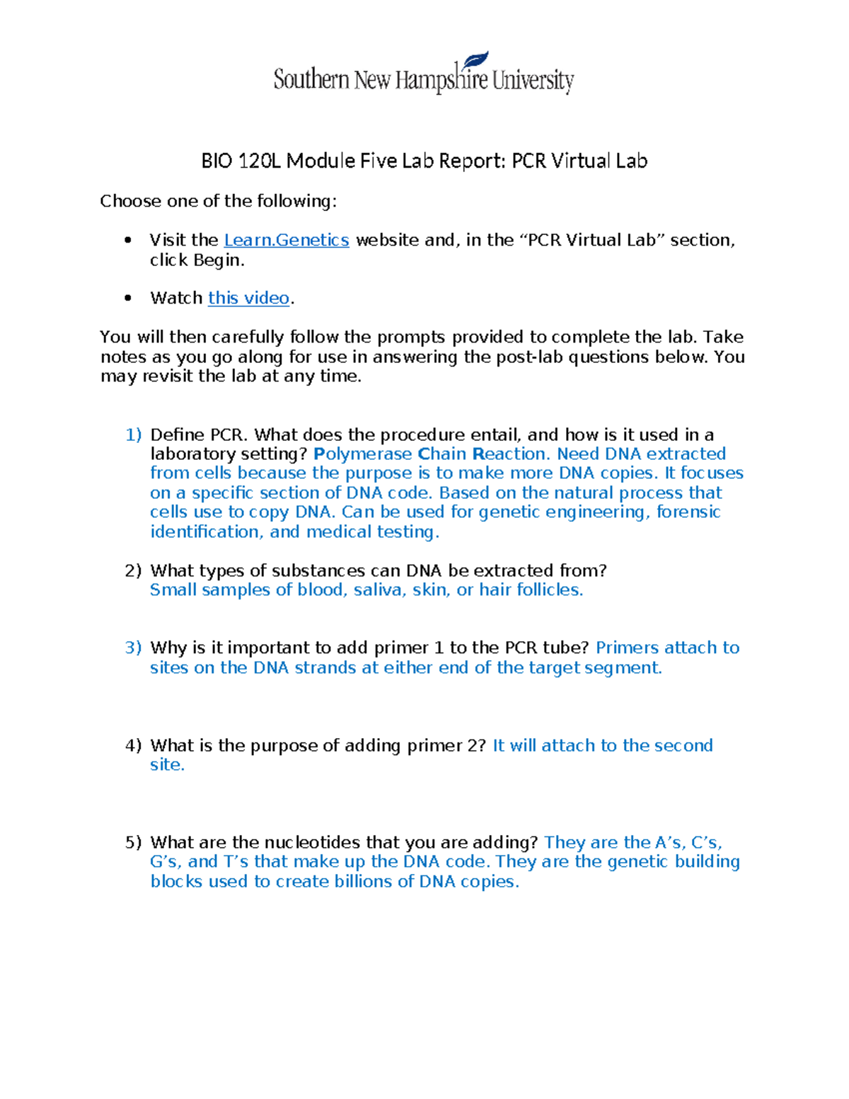 BIO 120L Module Five PCR Virtual Lab Report - BIO 120L Module Five Lab ...