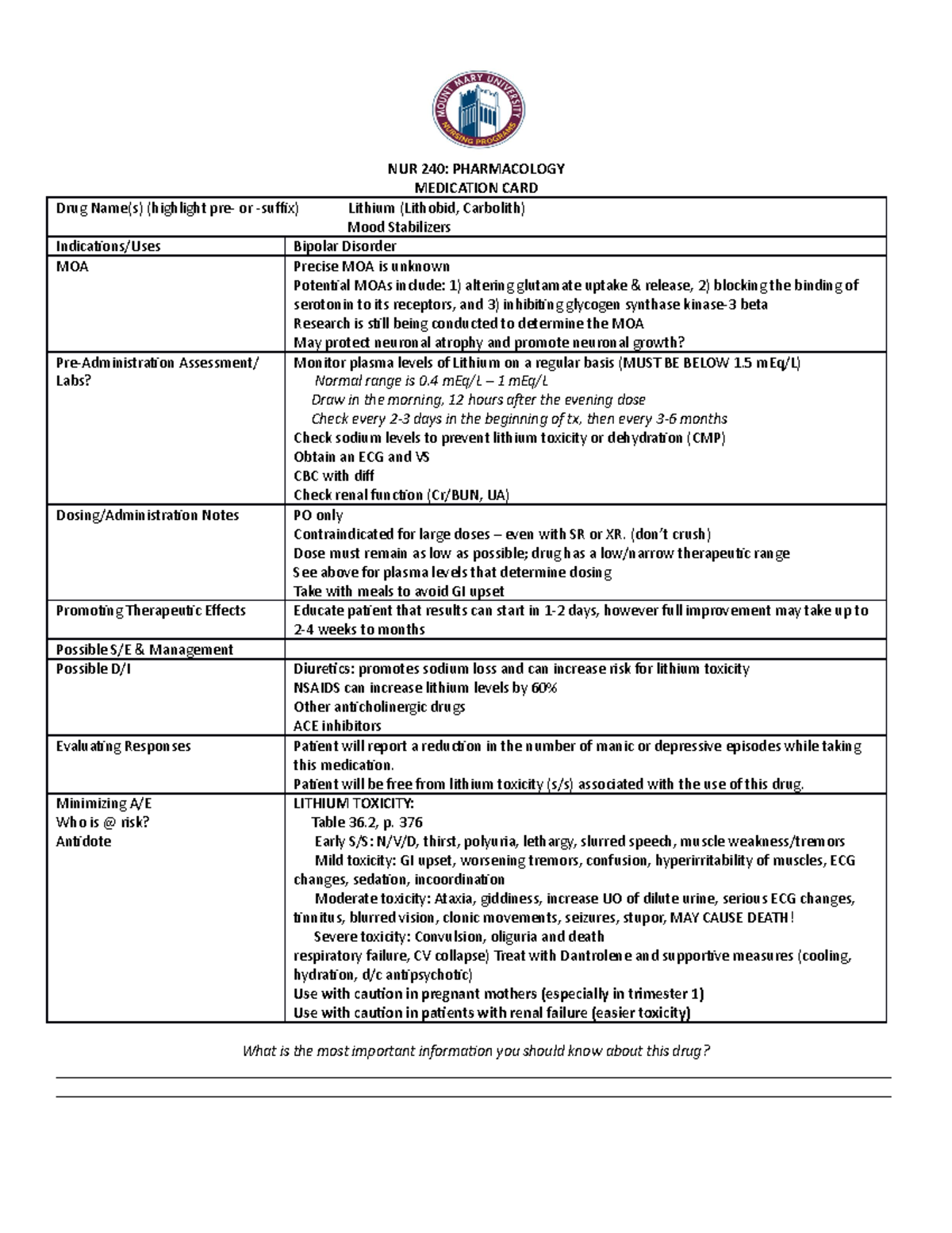 NUR240 Lithium - Mount Mary university - NUR 240: PHARMACOLOGY ...