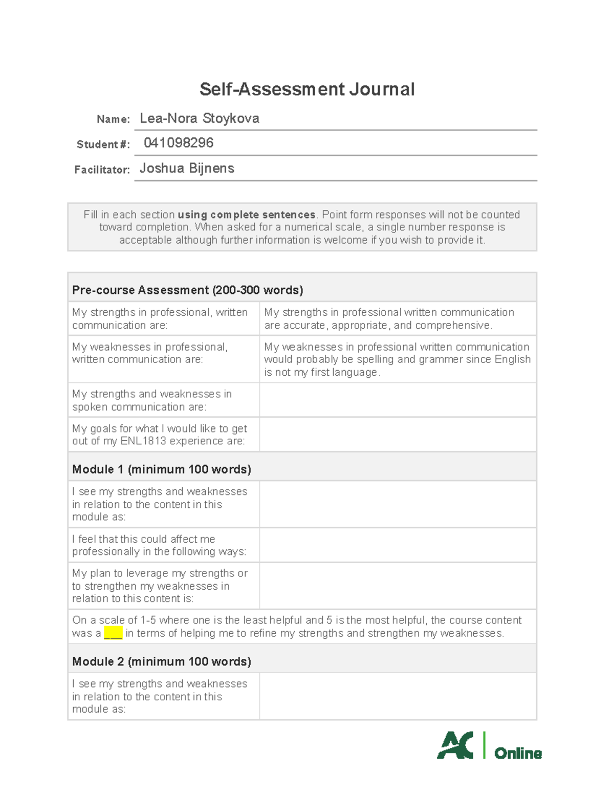 Self-Assessment Journal Template - Self-Assessment Journal Name: Lea ...
