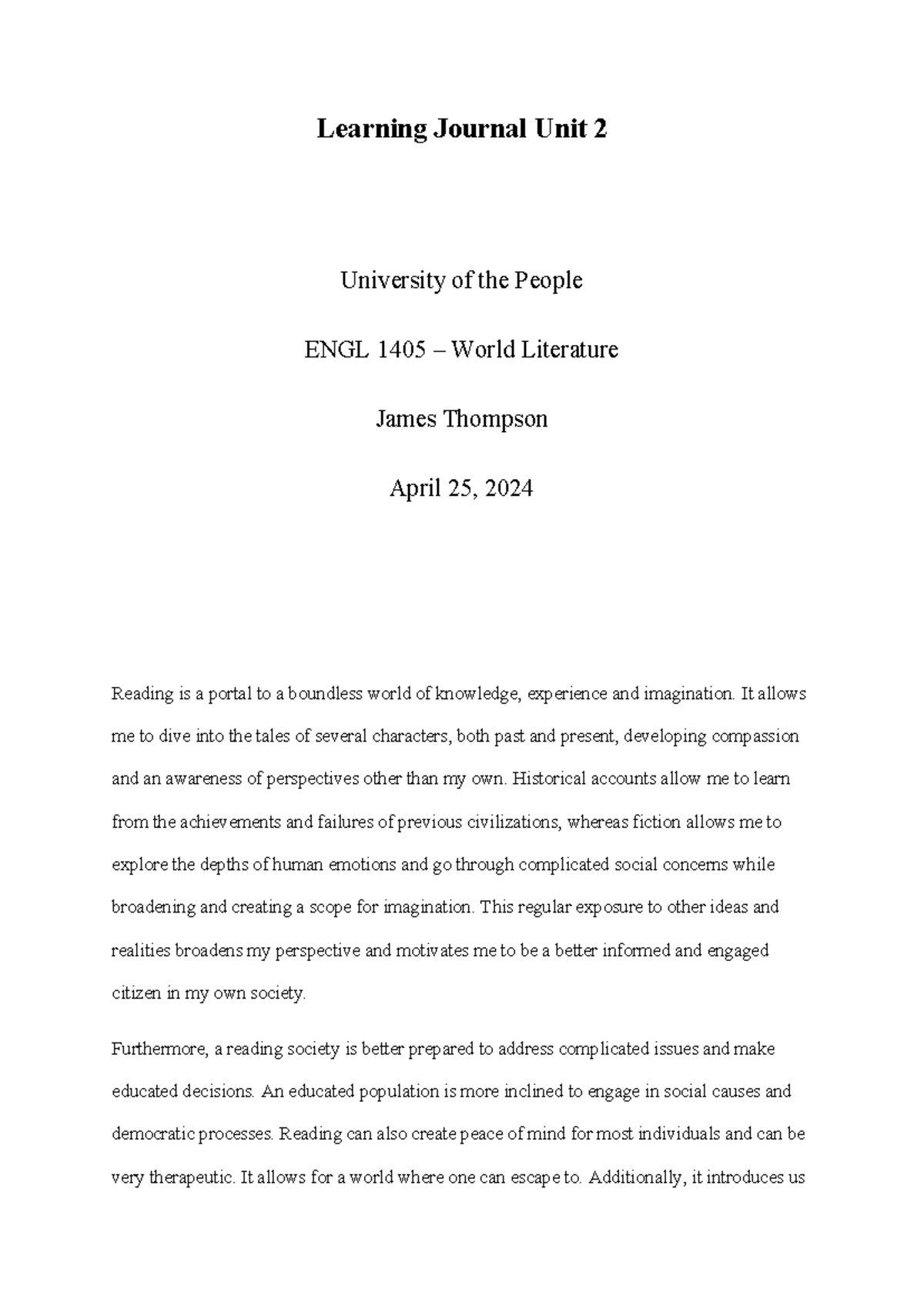 ENGL 1405 - Learning Journal UNIT 2 - Learning Journal Unit 2 University of the People ENGL 1405 ...