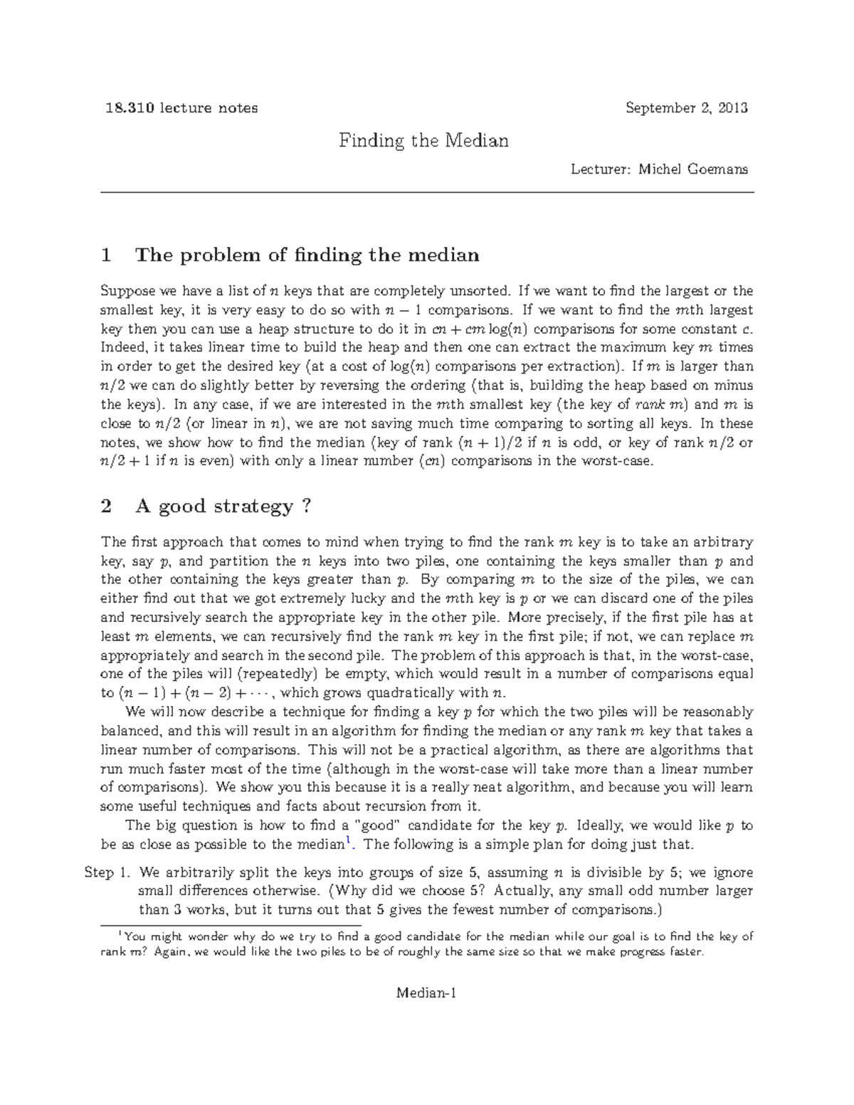 Median Finding - Lecture notes 1-6 - 18 lecture notes September 2, 2013 ...
