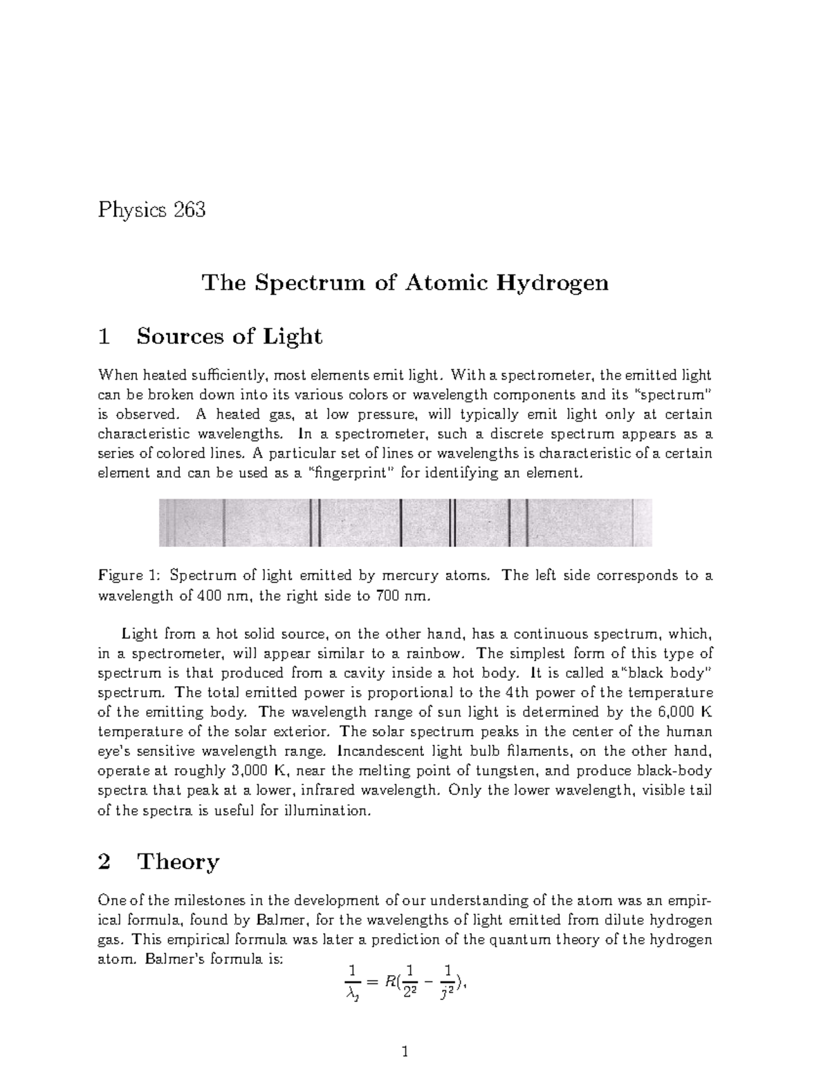 Experiment 11 The Spectrum of Atomic Hydrogen - Physics 263 The ...