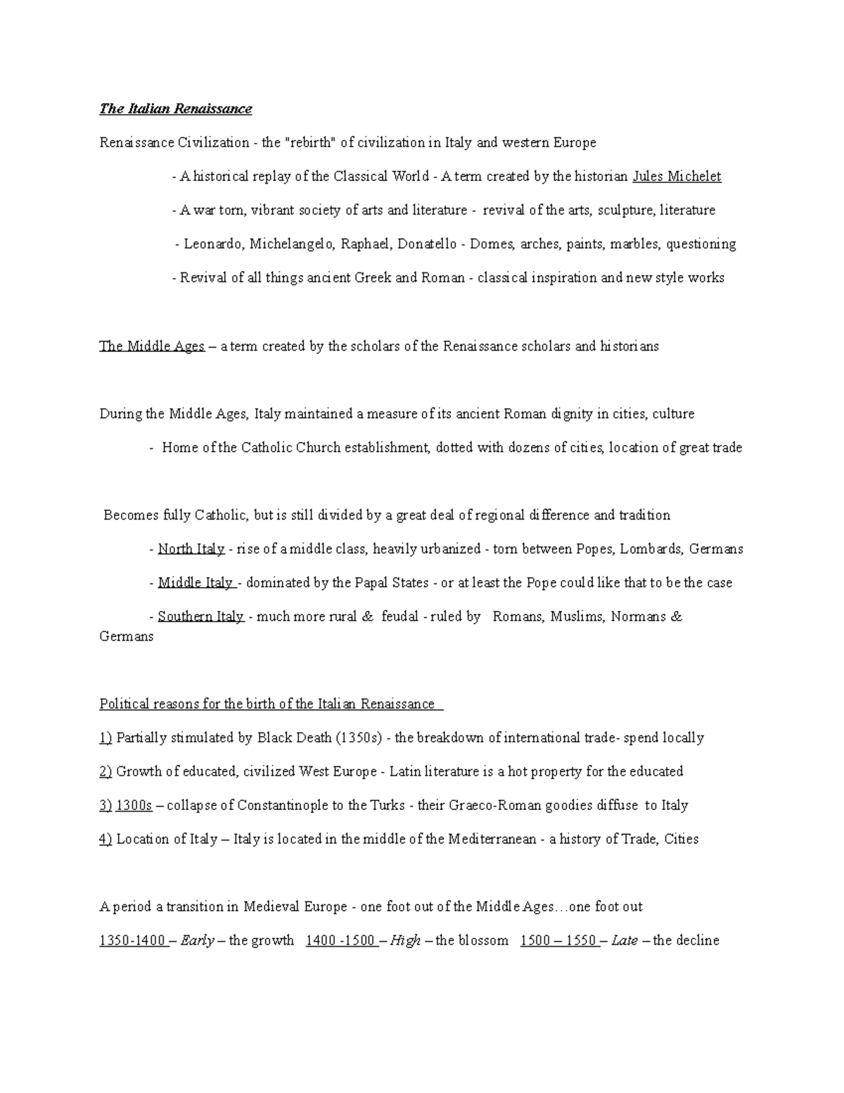 World History II Outline #1 - The Renaissace - The Italian Renaissance ...