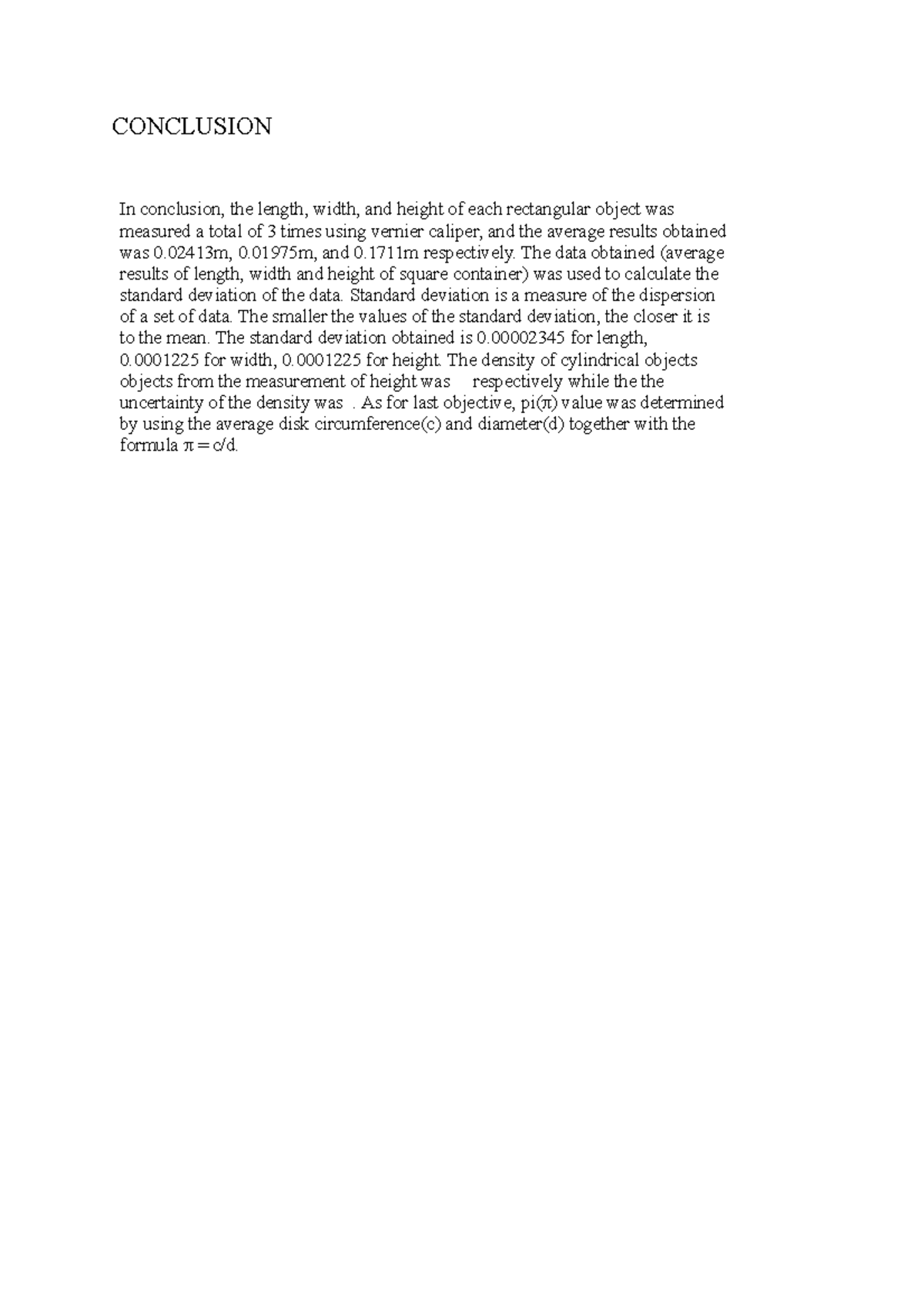 Conclusion - uhggyguh - CONCLUSION In conclusion, the length, width ...