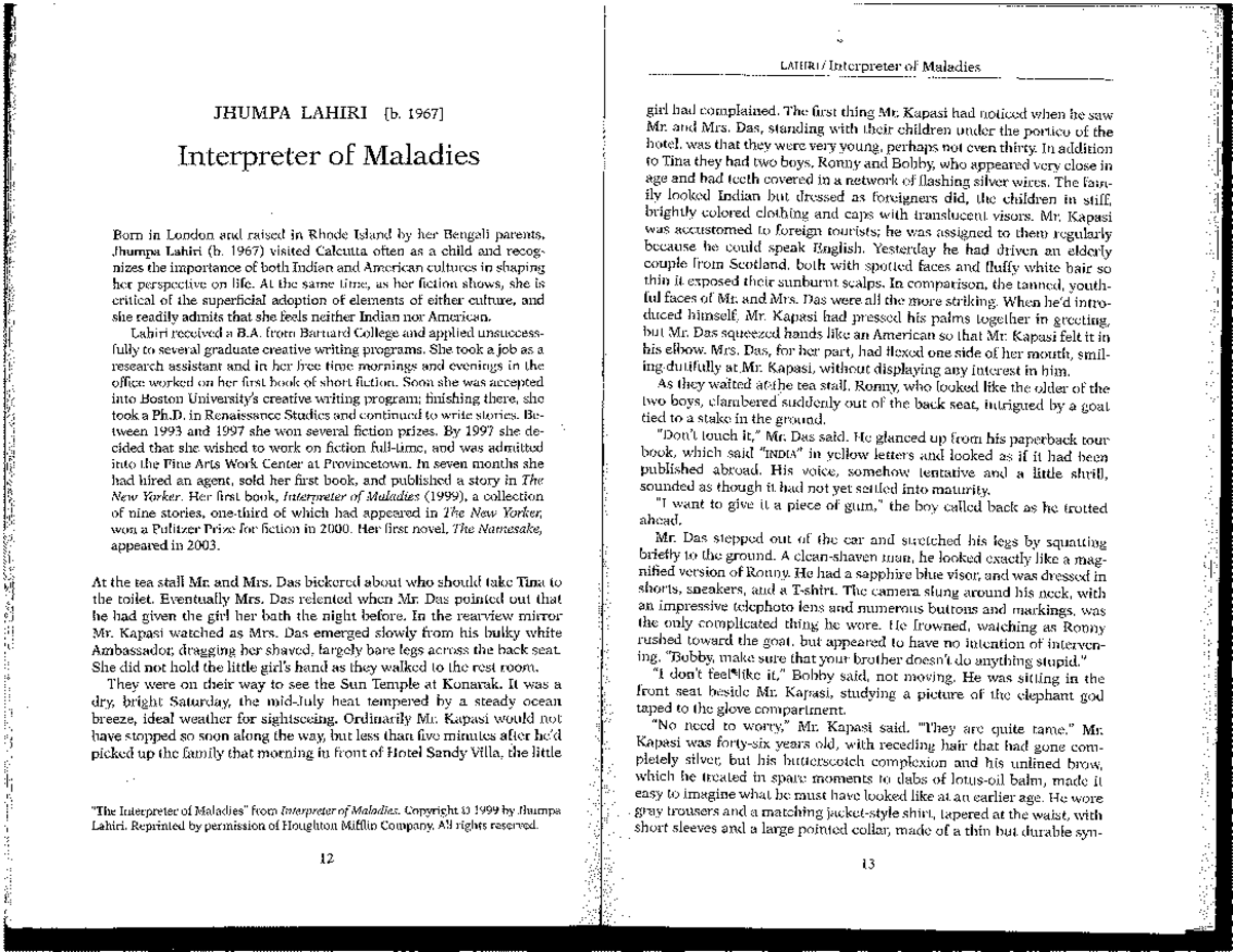 Lahiri interpreter of maladies full text - JHUMPA LAHIRI [b. 1967 ...