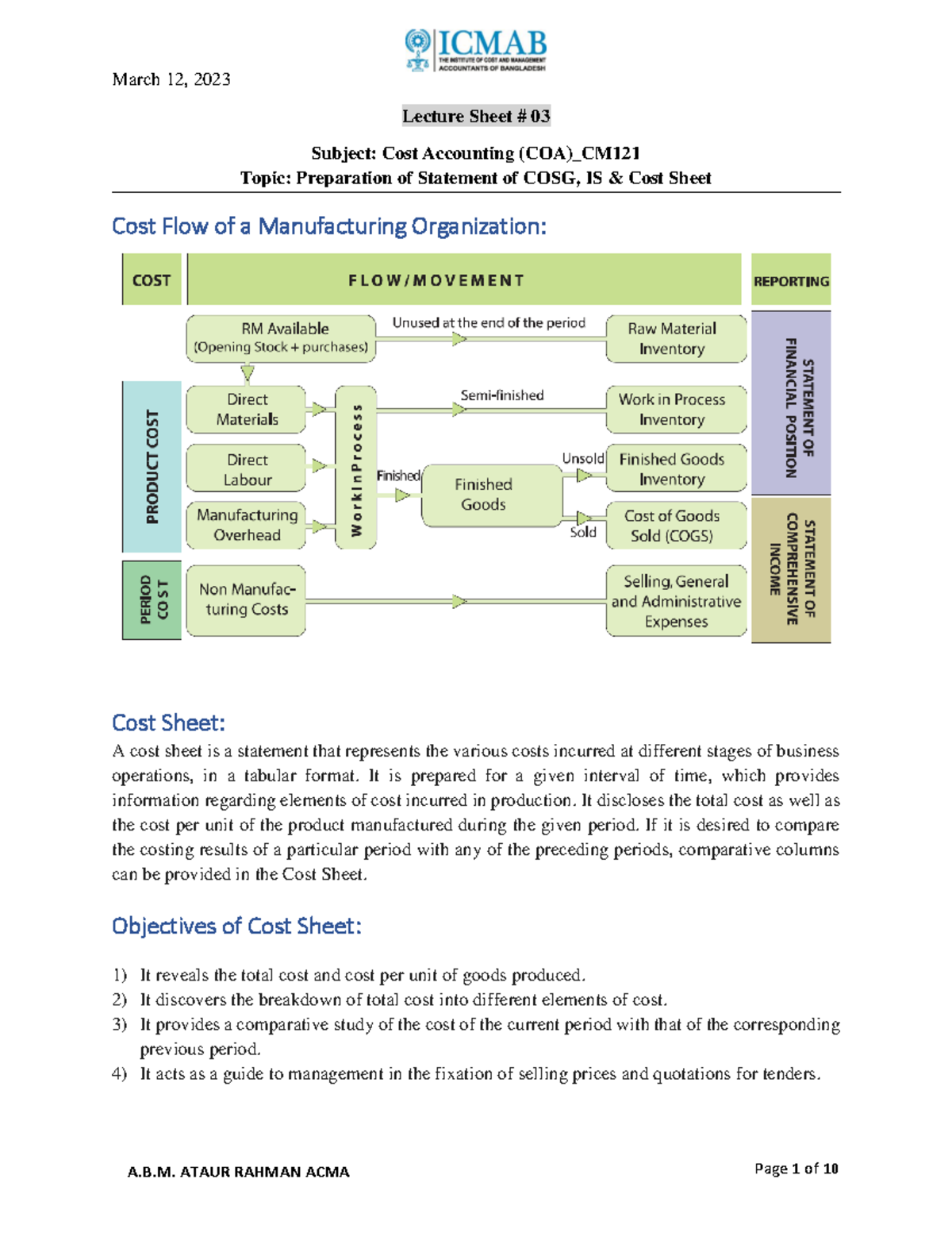 COA Lecture Sheet - March 12, 2023 Lecture Sheet # 03 Subject: Cost Accounting (COA)_CM Topic ...
