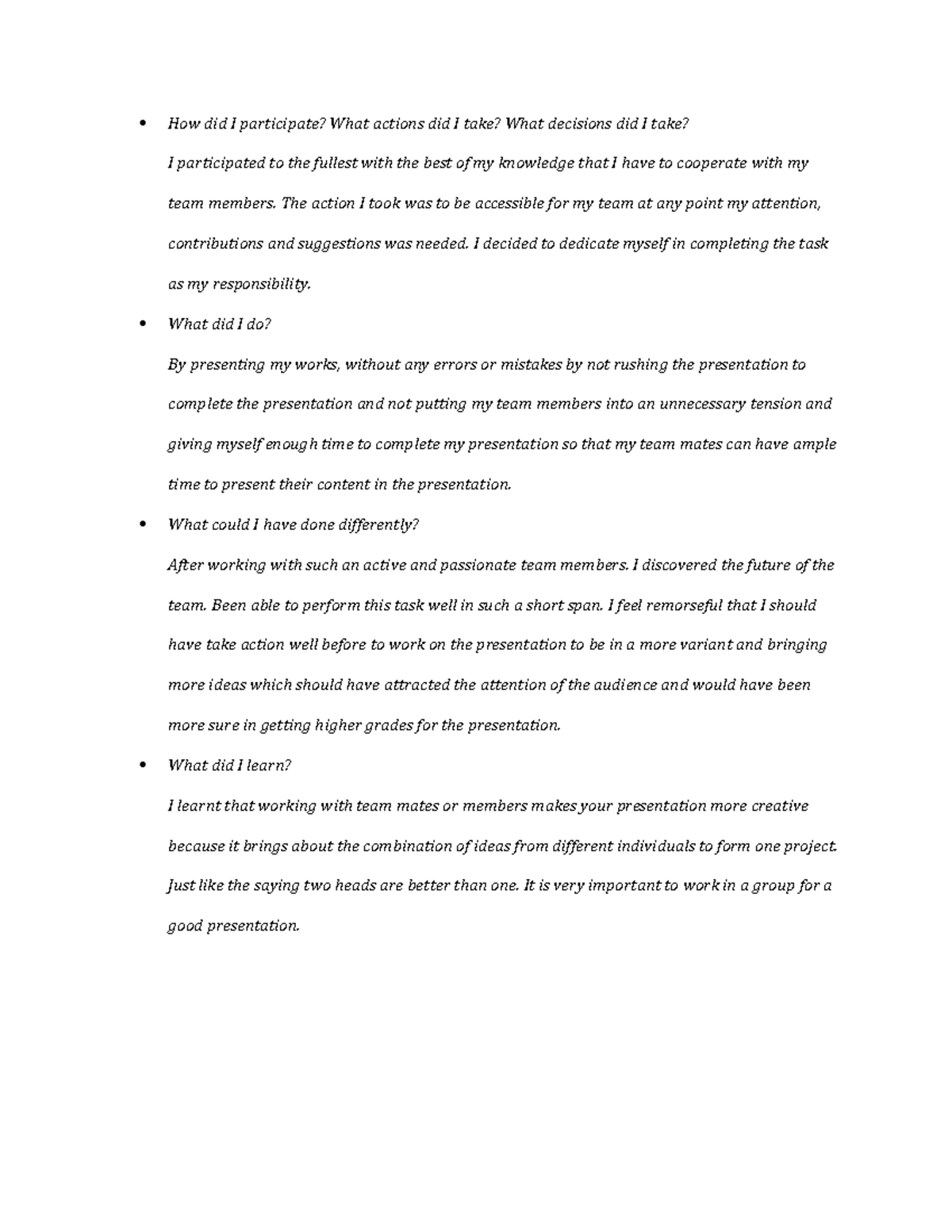 Group work self reflection homework - How did I participate? What ...