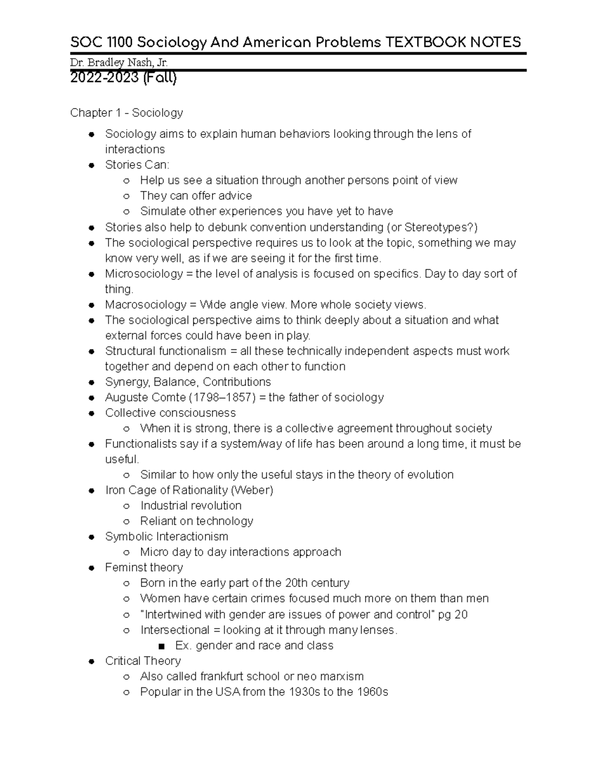 SOC Textbook notes - Dr. Bradley Nash, Jr. 2022-2023 (Fall) Chapter 1 ...