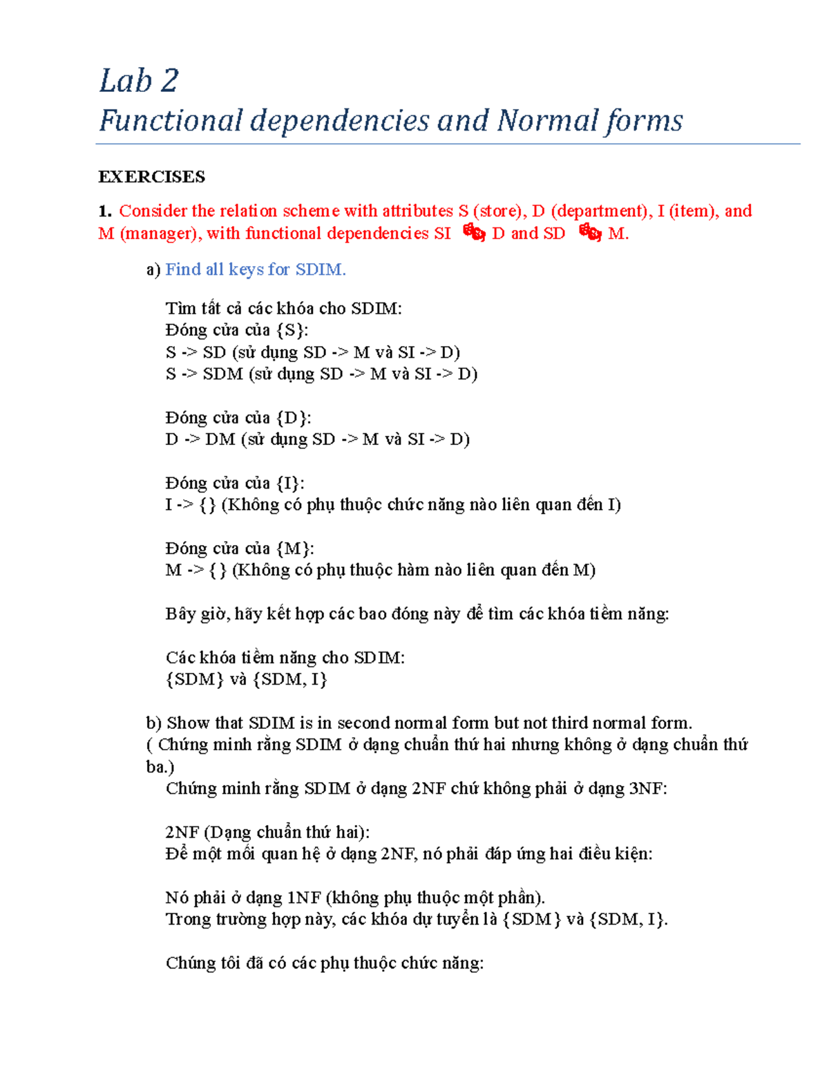 Nguyen Thuy Hau - good - Lab 2 Functional dependencies and Normal forms EXERCISES 1. Consider ...