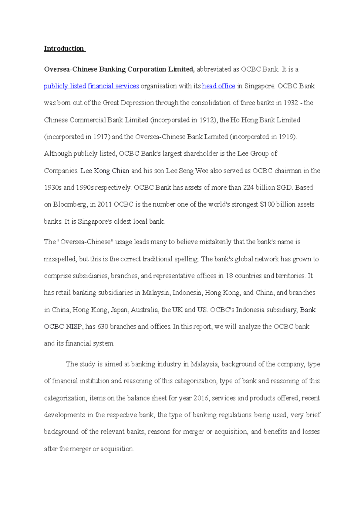 Pob assignment full - Introduction Oversea-Chinese Banking Corporation ...