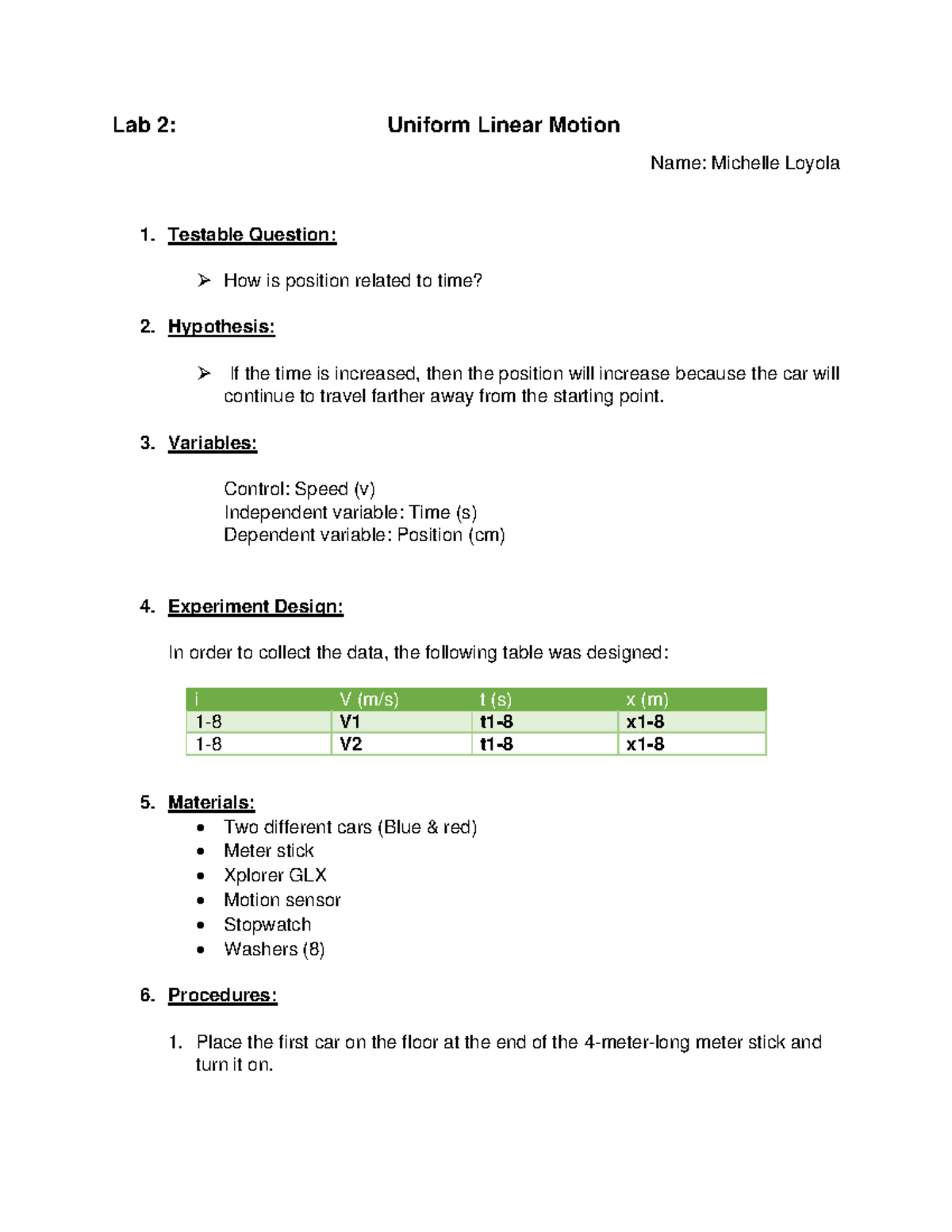 PHY-111L-Linear Motion Lab - Lab 2: Uniform Linear Motion Name ...