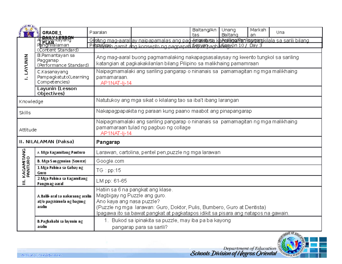 AP1 Q1 W10 D3 - Lesson plan - I. LAYUNIN A Pangnilalaman (Content ...