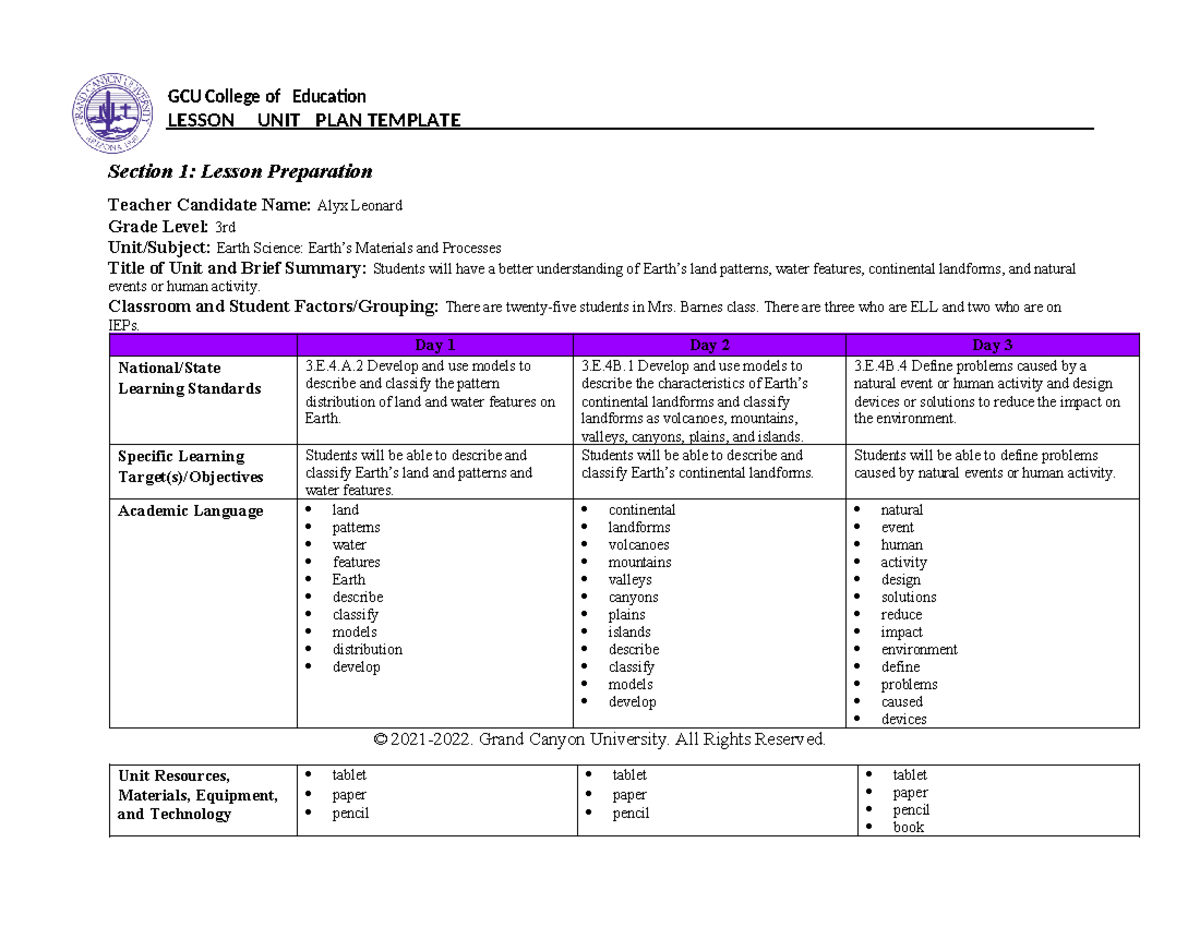 Unit Plan Outline - assignment - Section 1: Lesson Preparation Teacher ...