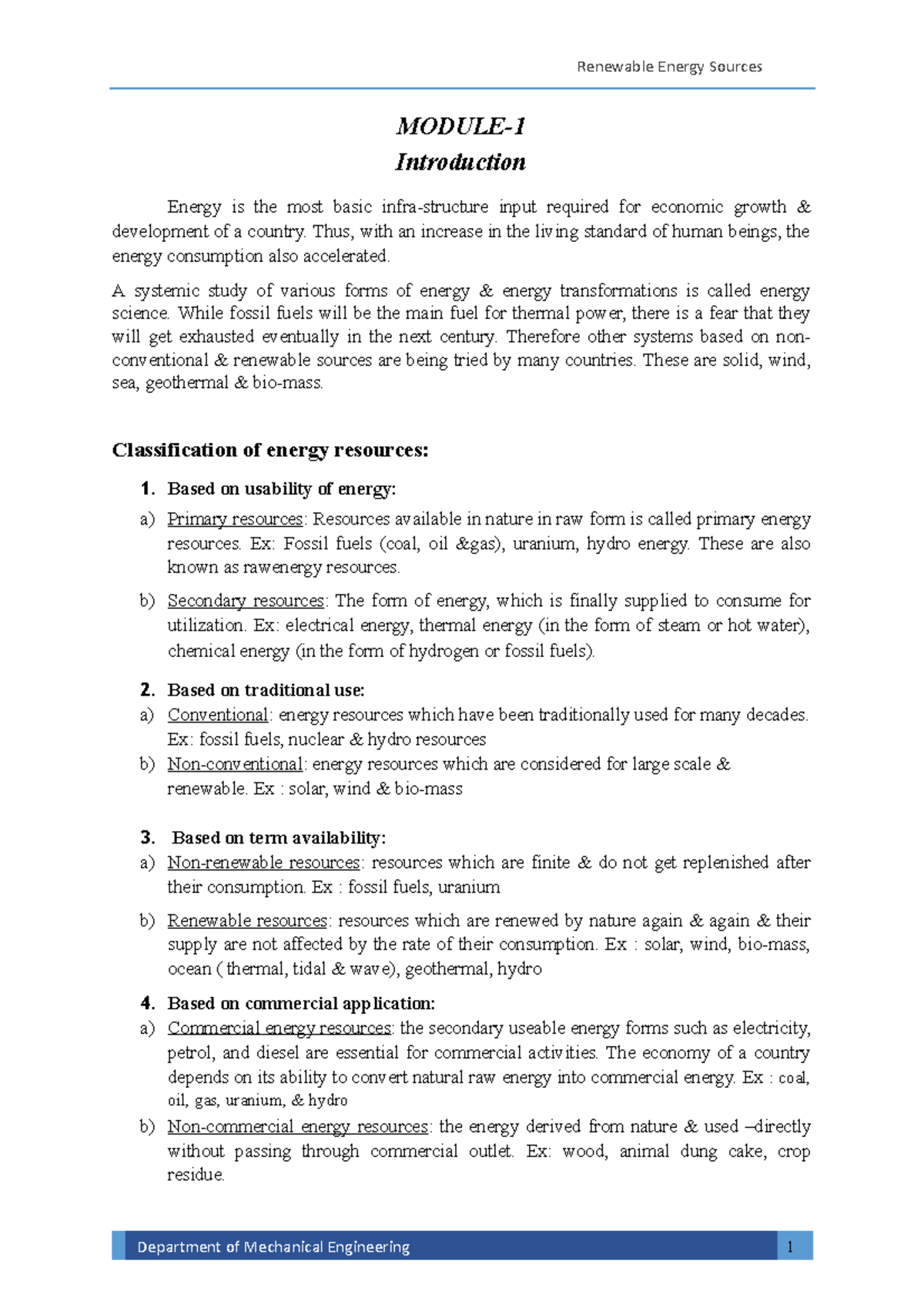 RES Module-1 & 2 Notes - MODULE- Introduction Energy is the most basic ...