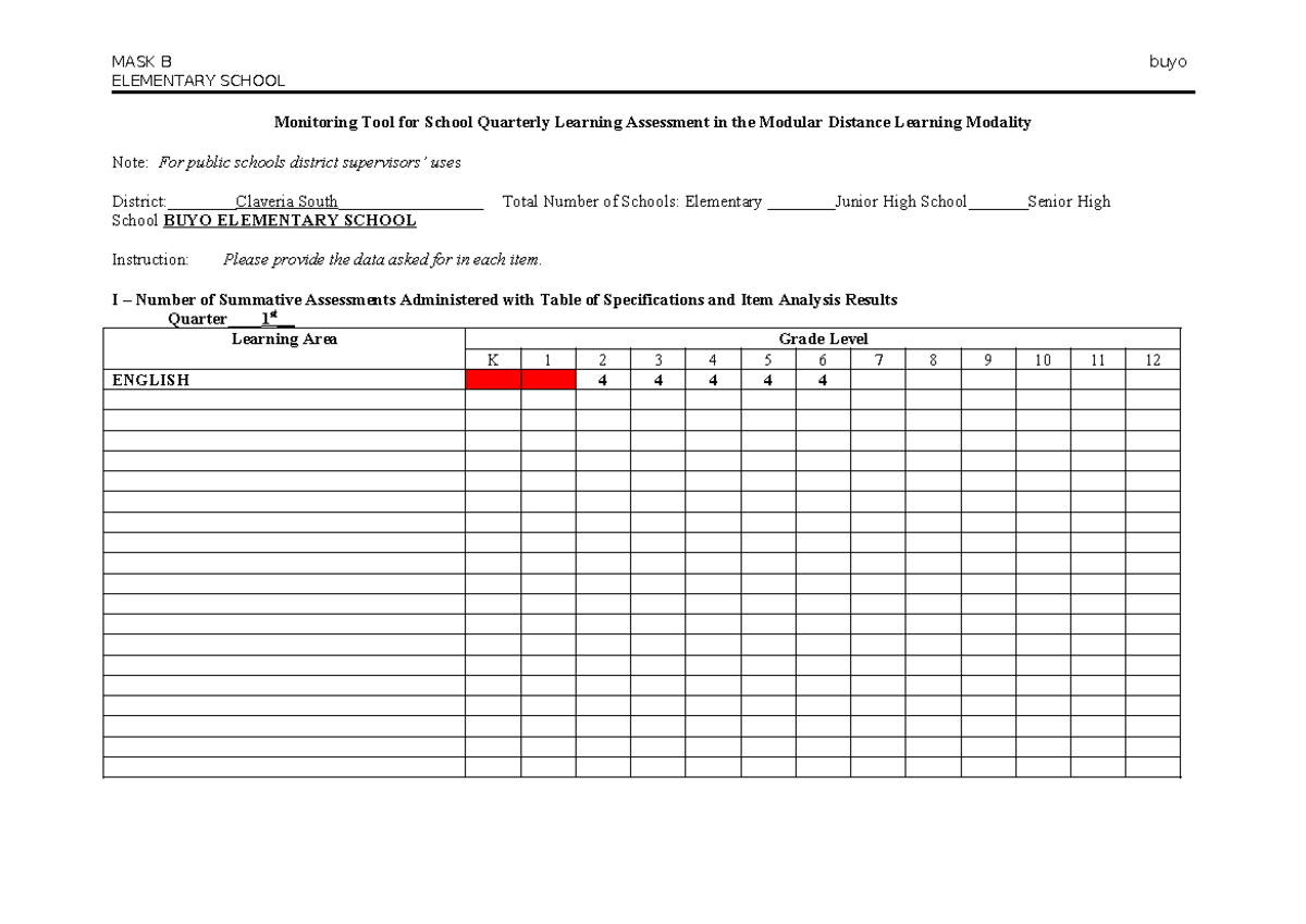 Buyo ES-English Mask B-Q1 - ELEMENTARY SCHOOL Monitoring Tool for ...