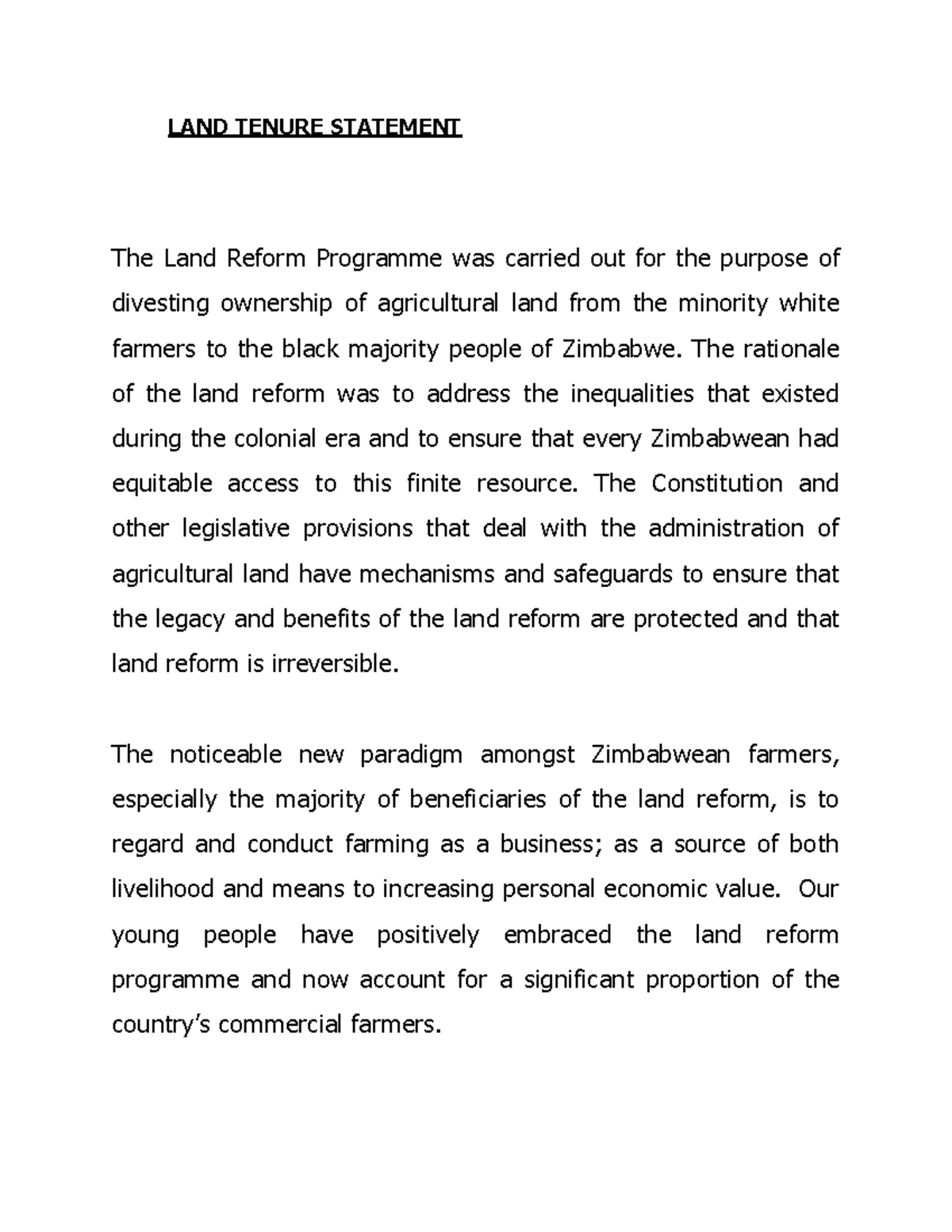 LAND Tenure Statement 1 - LAND TENURE STATEMENT The Land Reform ...