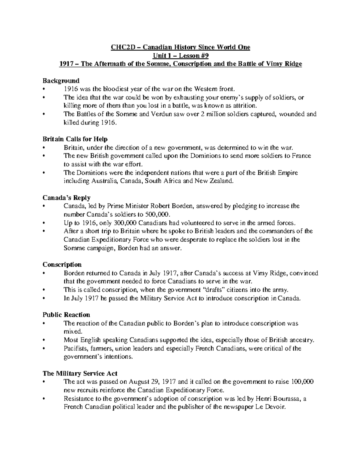 Course Notes 1.5 Conscription and Vimy Ridge - CHC2D – Canadian History ...