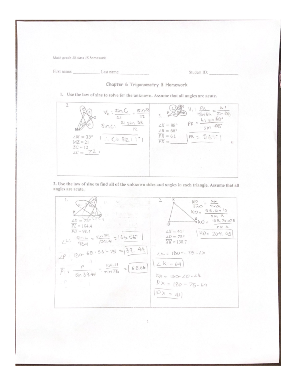 Math grade 10 class 15 homework - Studocu