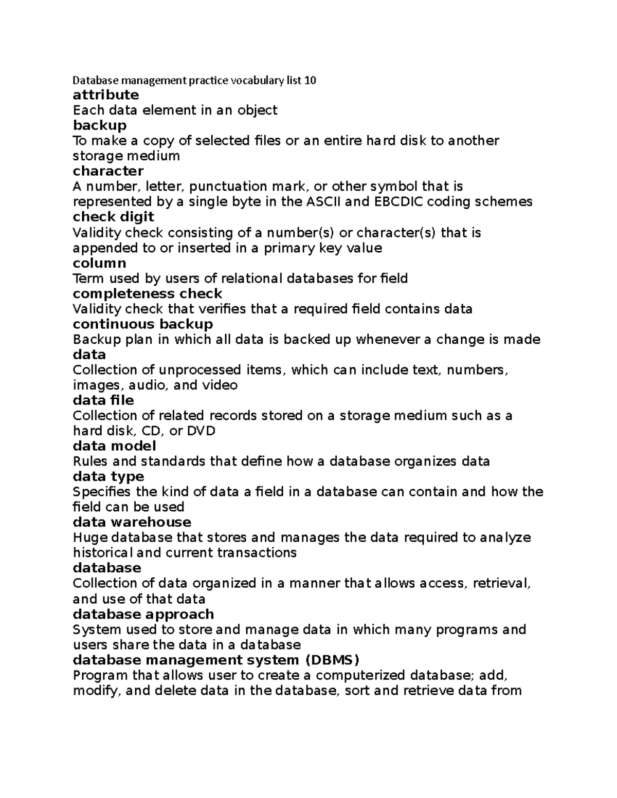 Database management practice vocabulary list 10 - Studocu
