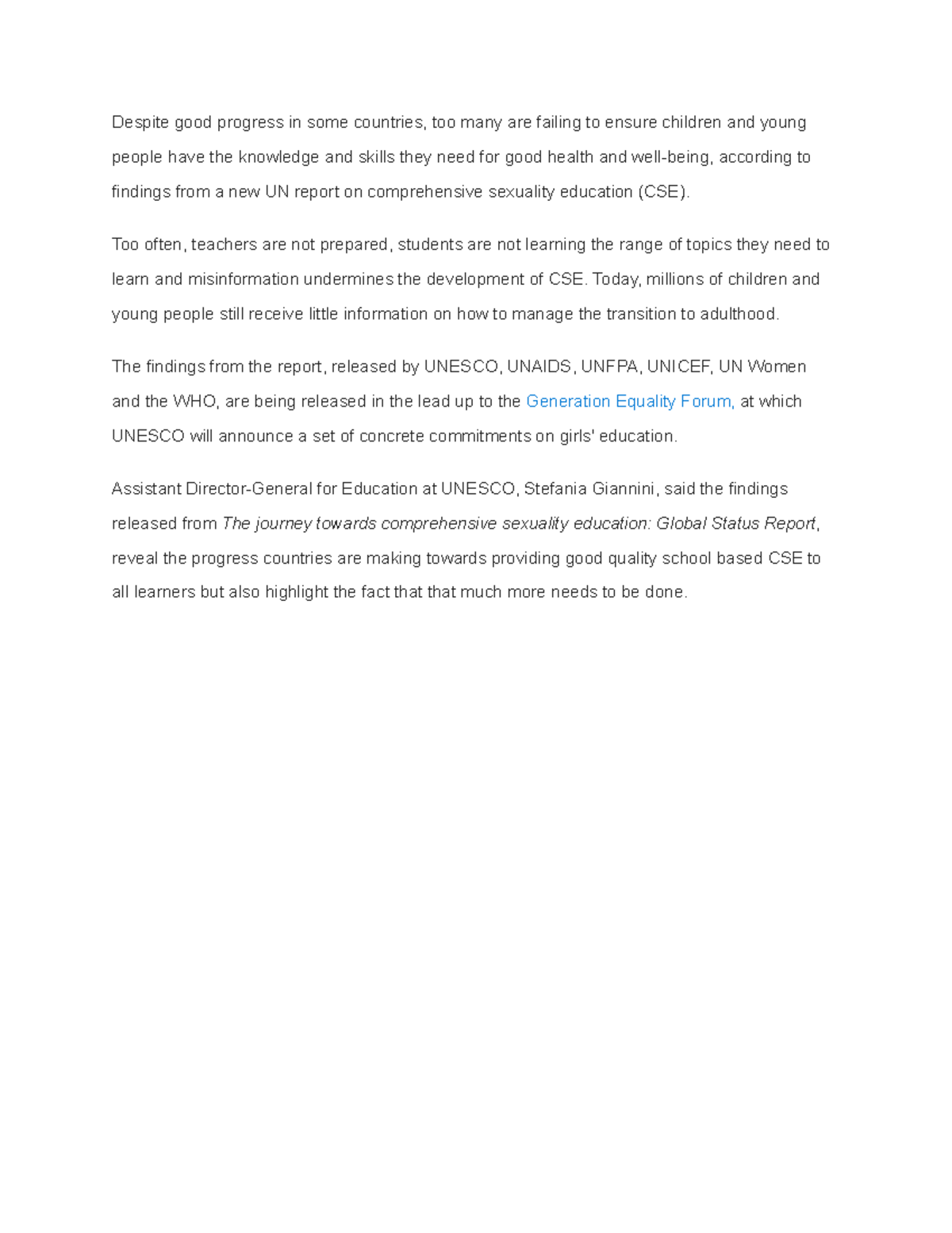 Sex edu - just about the sex education from UNESCO - Despite good progress in some countries ...