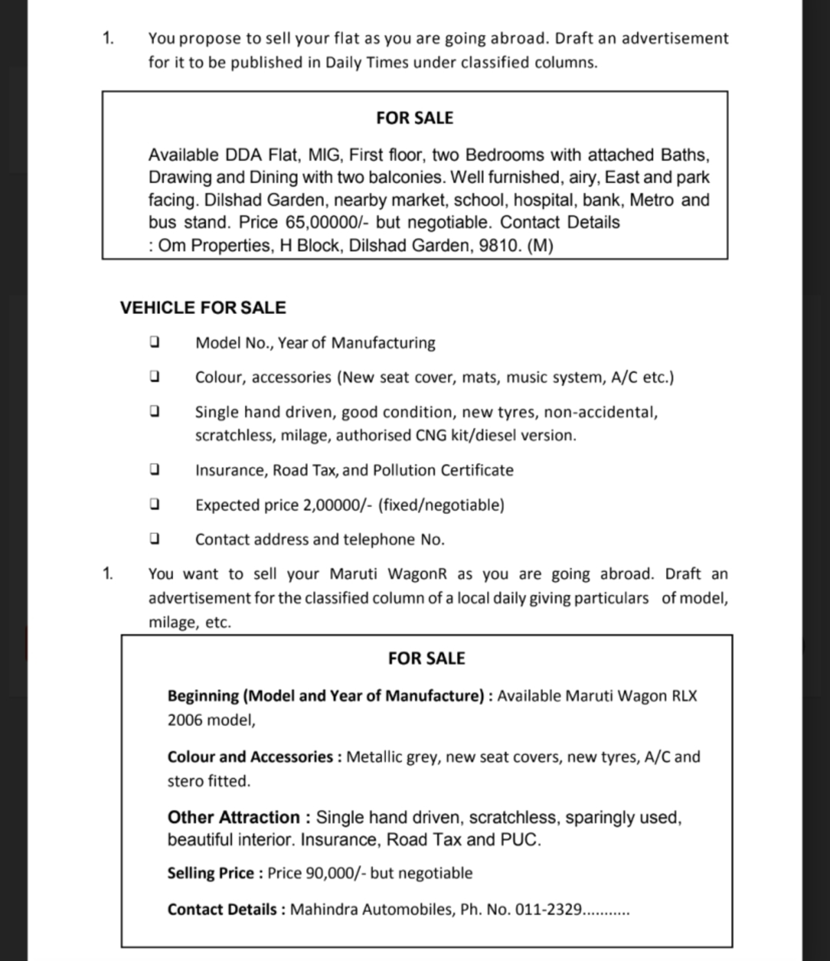 Classified Advertisement - 1. You propose to sell your flat as you are ...