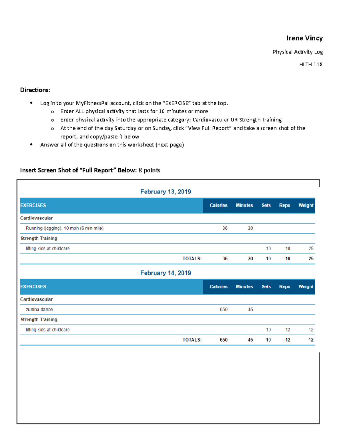 Physical activity project 1 - Irene Vincy Physical Activity Log HLTH ...