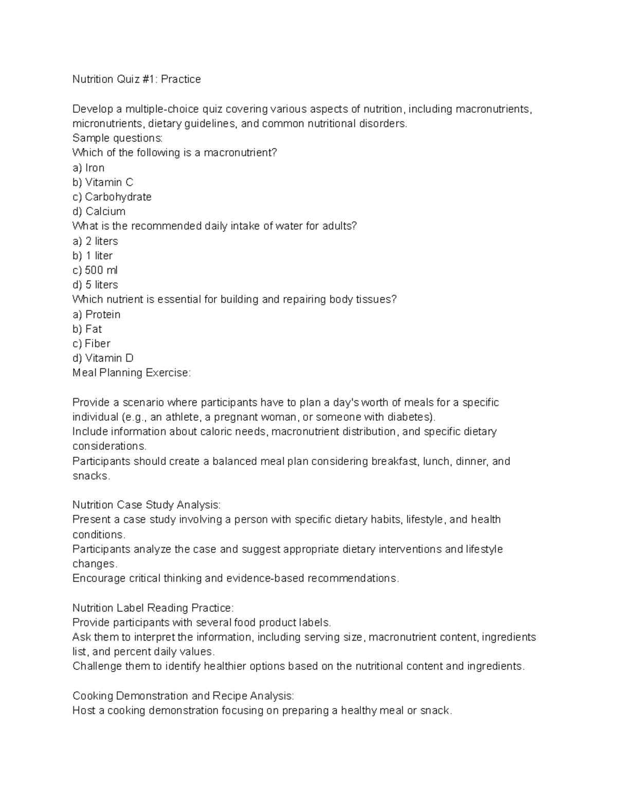 Nutrition Quiz #1 Practice - Nutrition Quiz #1: Practice Develop a ...