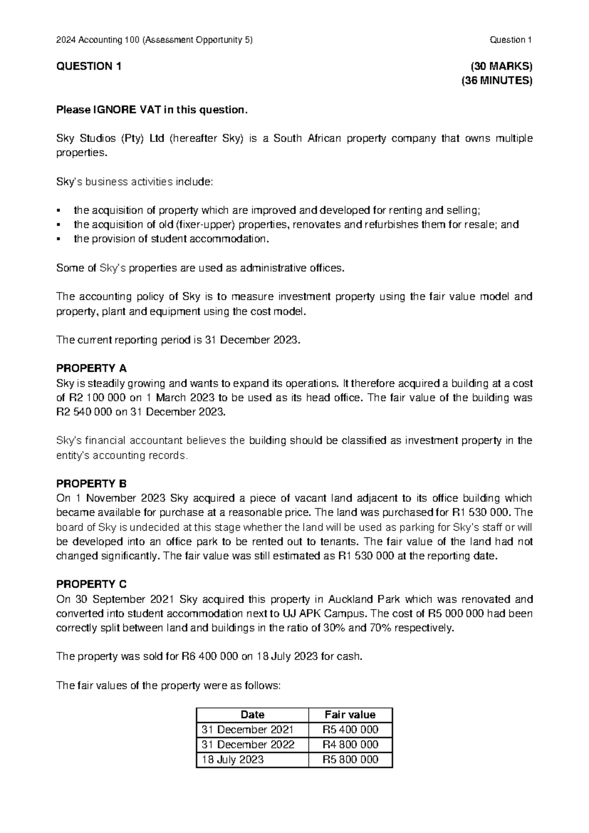 ACC100 AO5 Q1 2024 Final - QUESTION 1 ( 3 0 MARKS) ( 36 MINUTES) Please ...