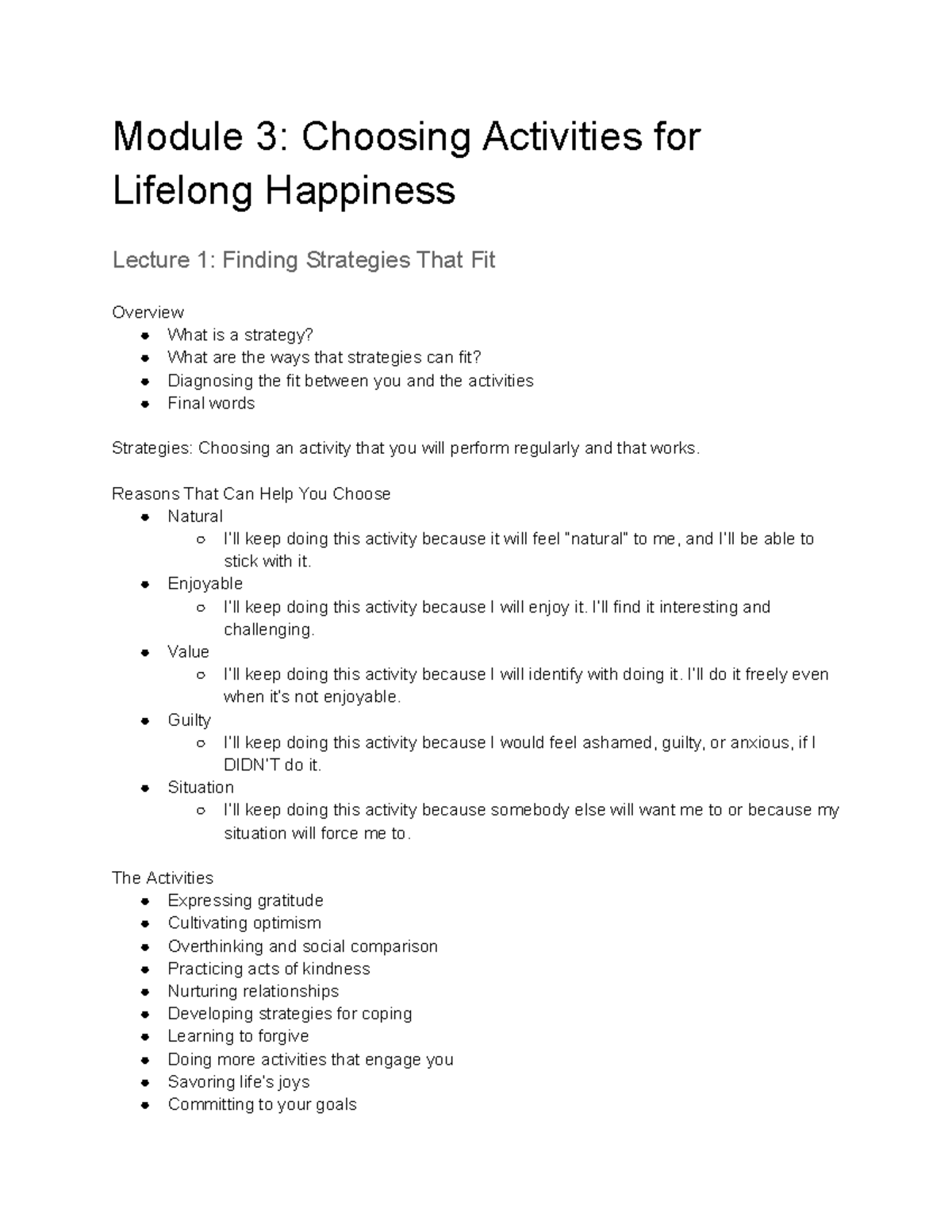 Module 3 - Notes - Module 3: Choosing Activities for Lifelong Happiness ...