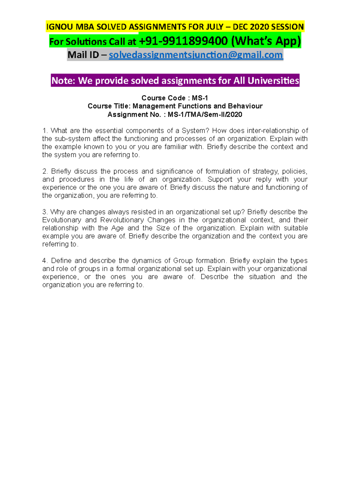 MS01 Management Functions and Behaviour JULY-DEC 2020 - IGNOU MBA SOLVED ASSIGNMENTS FOR JULY ...