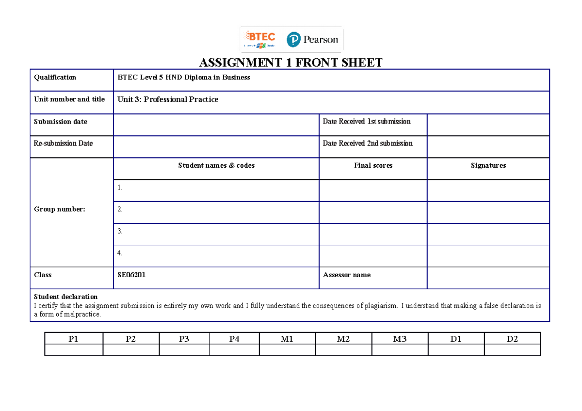 Assignment 1 frontsheet - ASSIGNMENT 1 FRONT SHEET Qualification BTEC Level 5 HND Diploma in ...