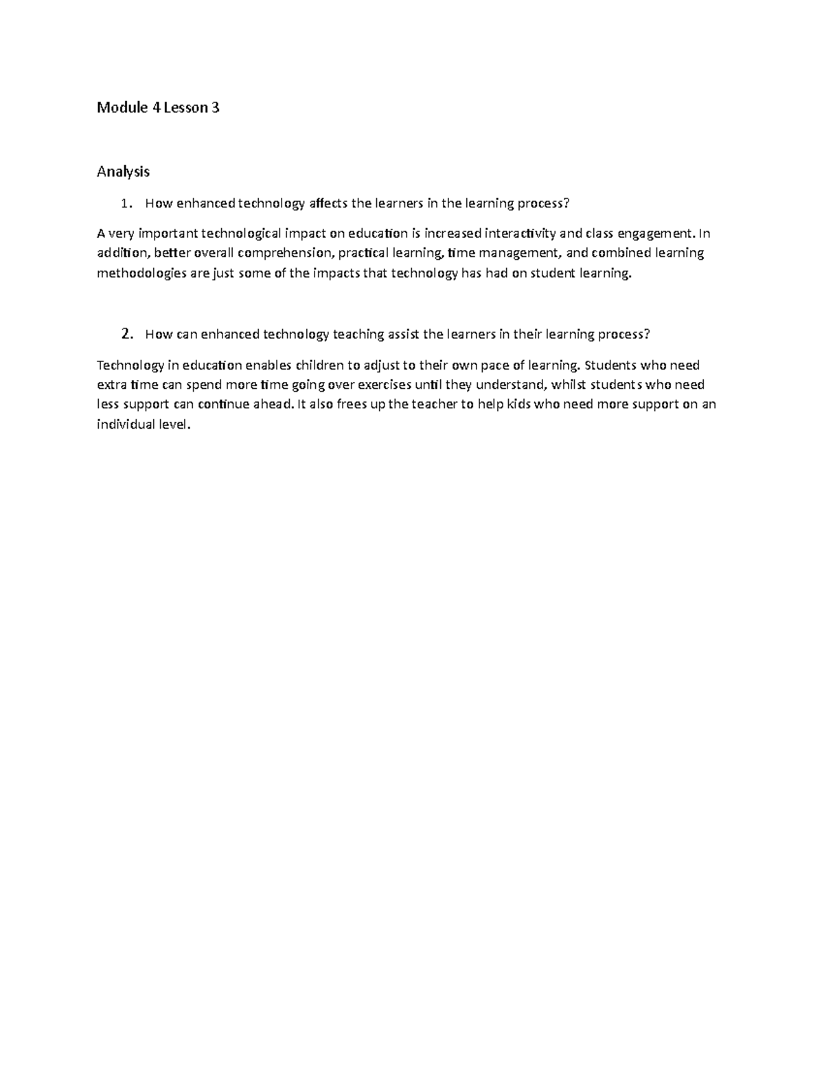 Ped 108 Activity - Module 4 Lesson 3 Analysis How enhanced technology ...