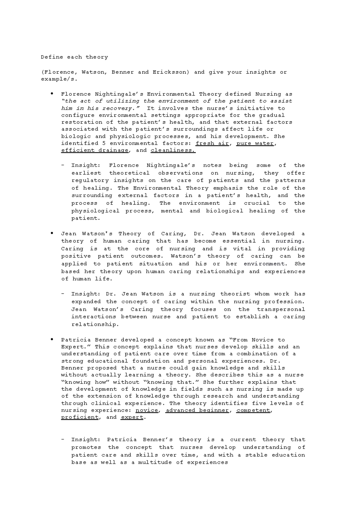 TFN ( Define EACH Theory) - Define each theory (Florence, Watson ...