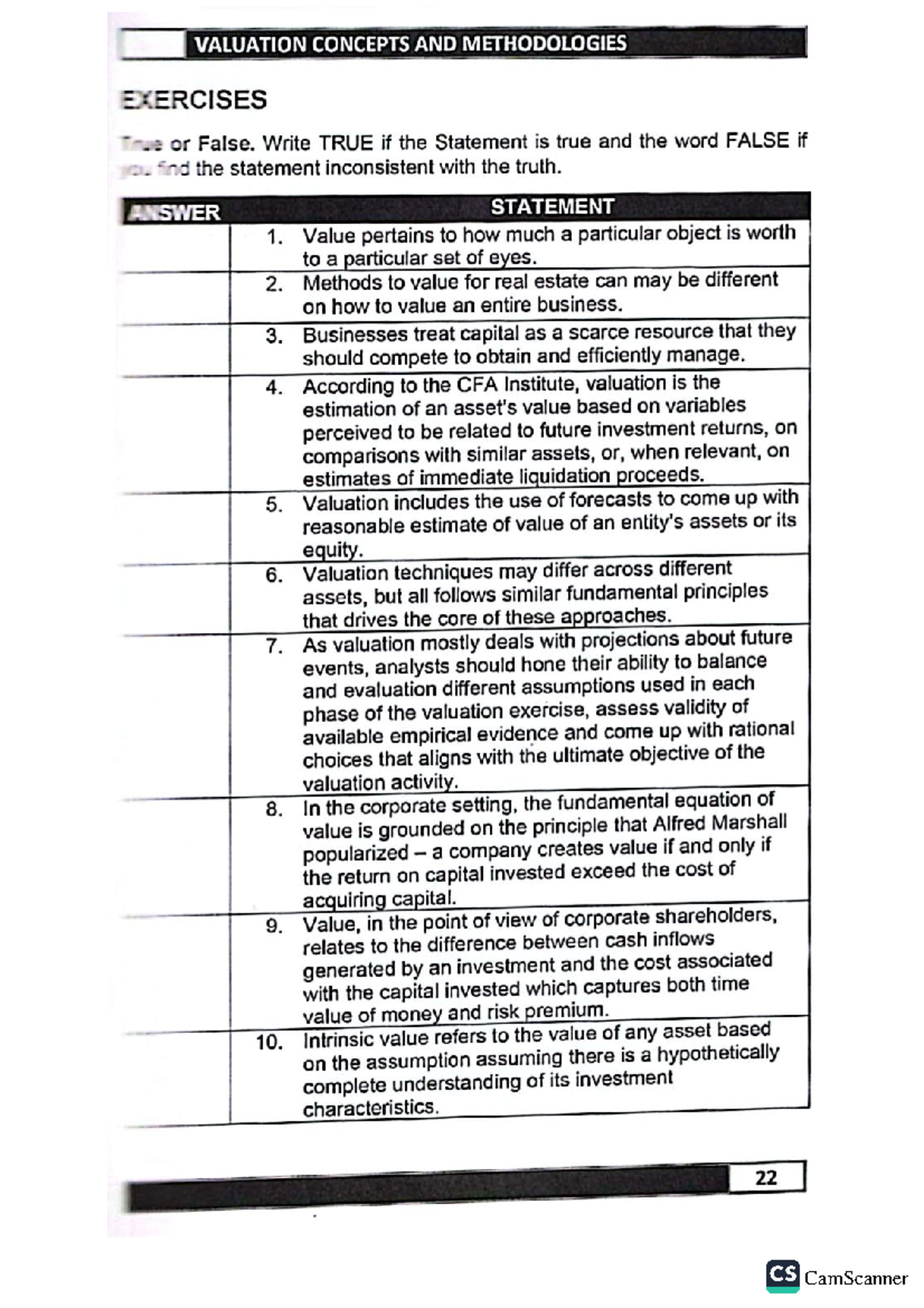 Valuation ACT. 1 - activity - VALUATION CONCEPTS AND METHODOLOGIES EXERCISES True or False ...