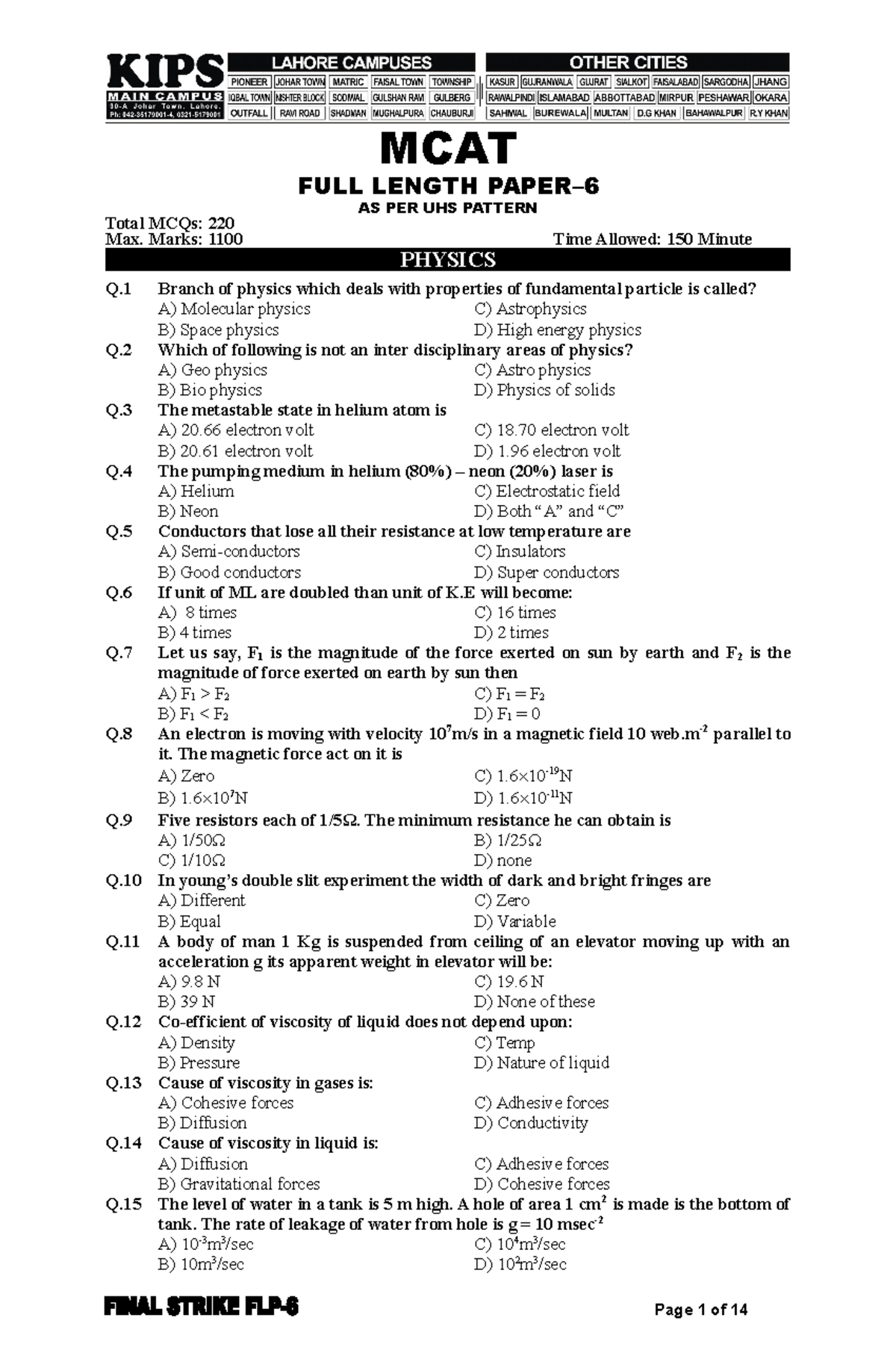 Detail test paper 06 solved solution - MCAT FULL LENGTH PAPER– AS PER ...