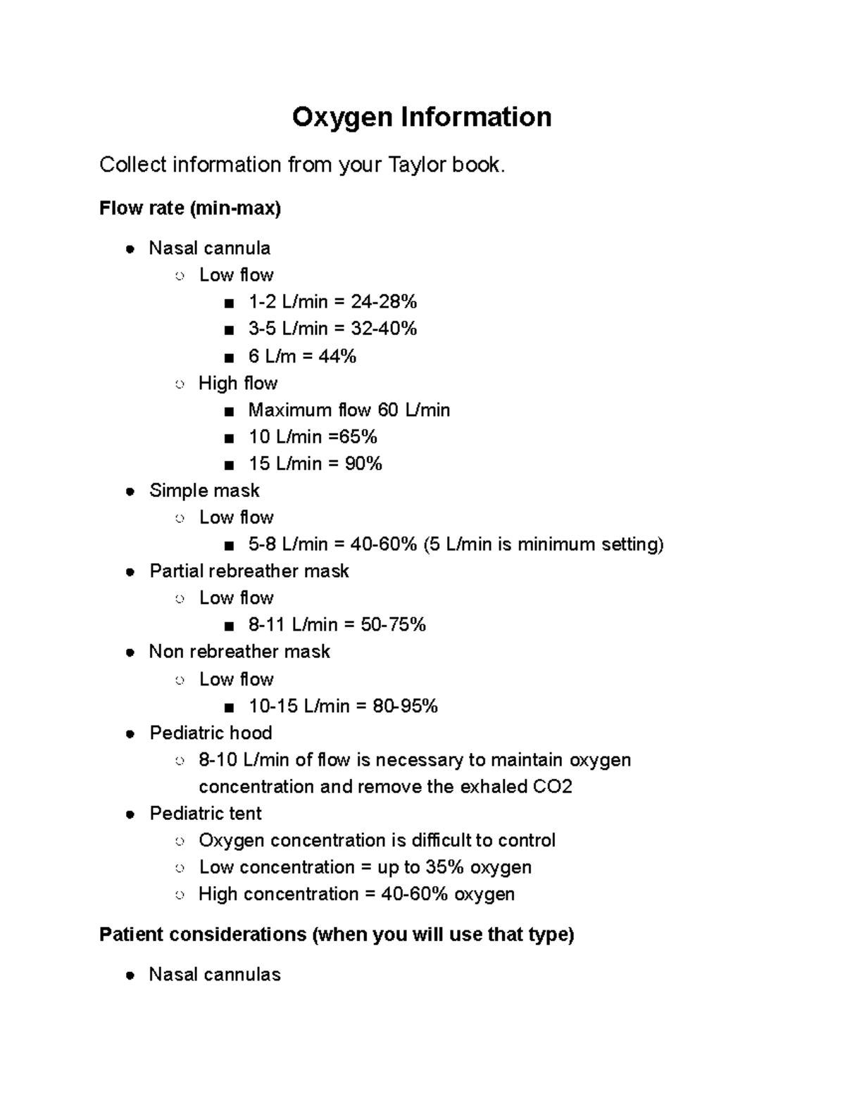 Oxygen Information - Pediatric Nursing Care study guides/clinical ...
