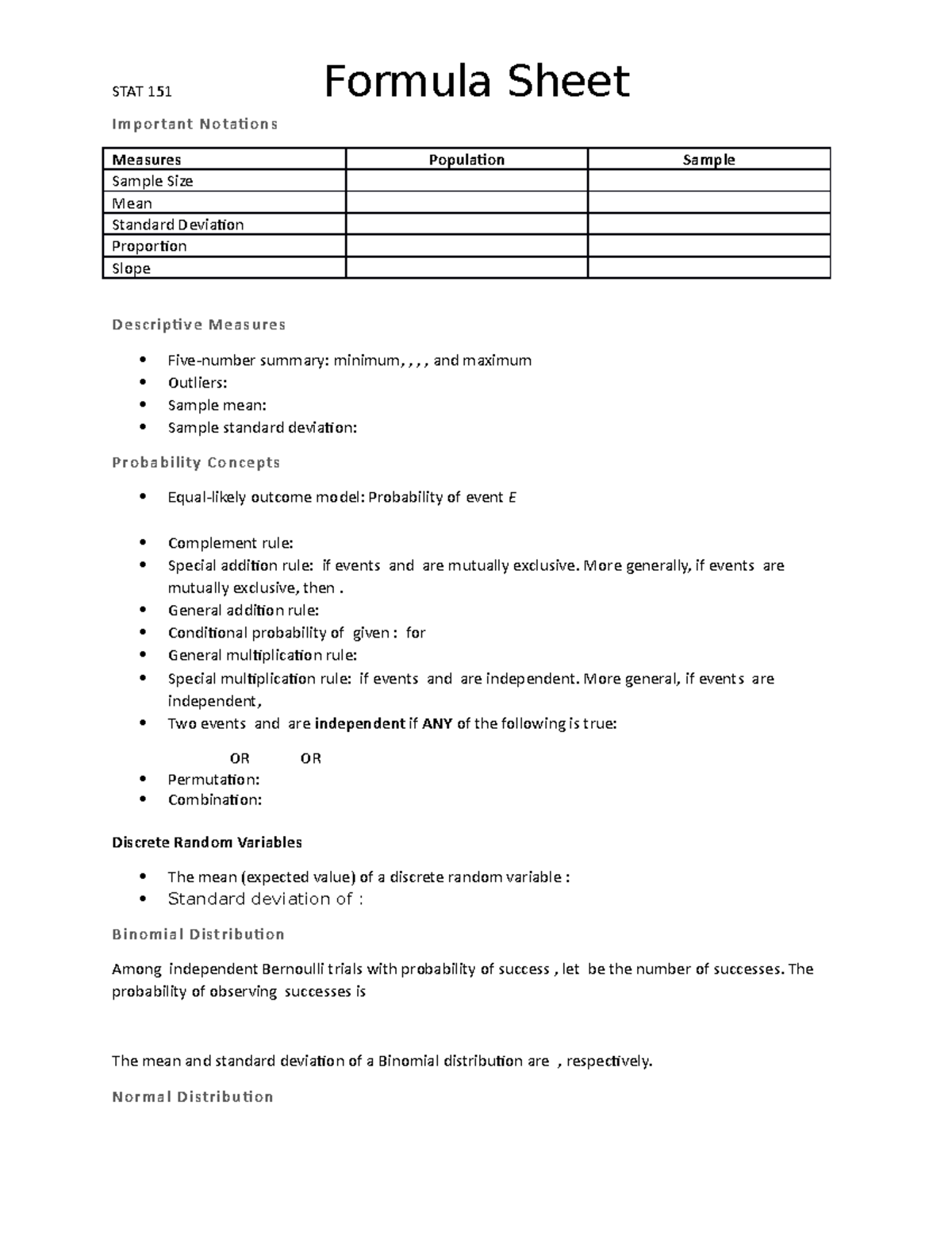 Stat151 Formula Sheet Class Notes Assignment Stat 151 Formula Sheet Important Notations