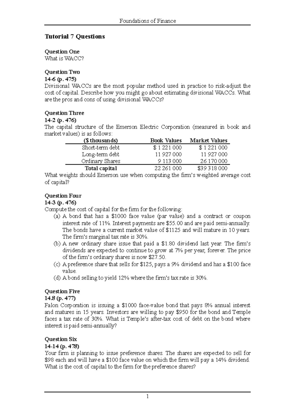Tutorial 7 Questions - Foundations of Finance Tutorial 7 Questions ...