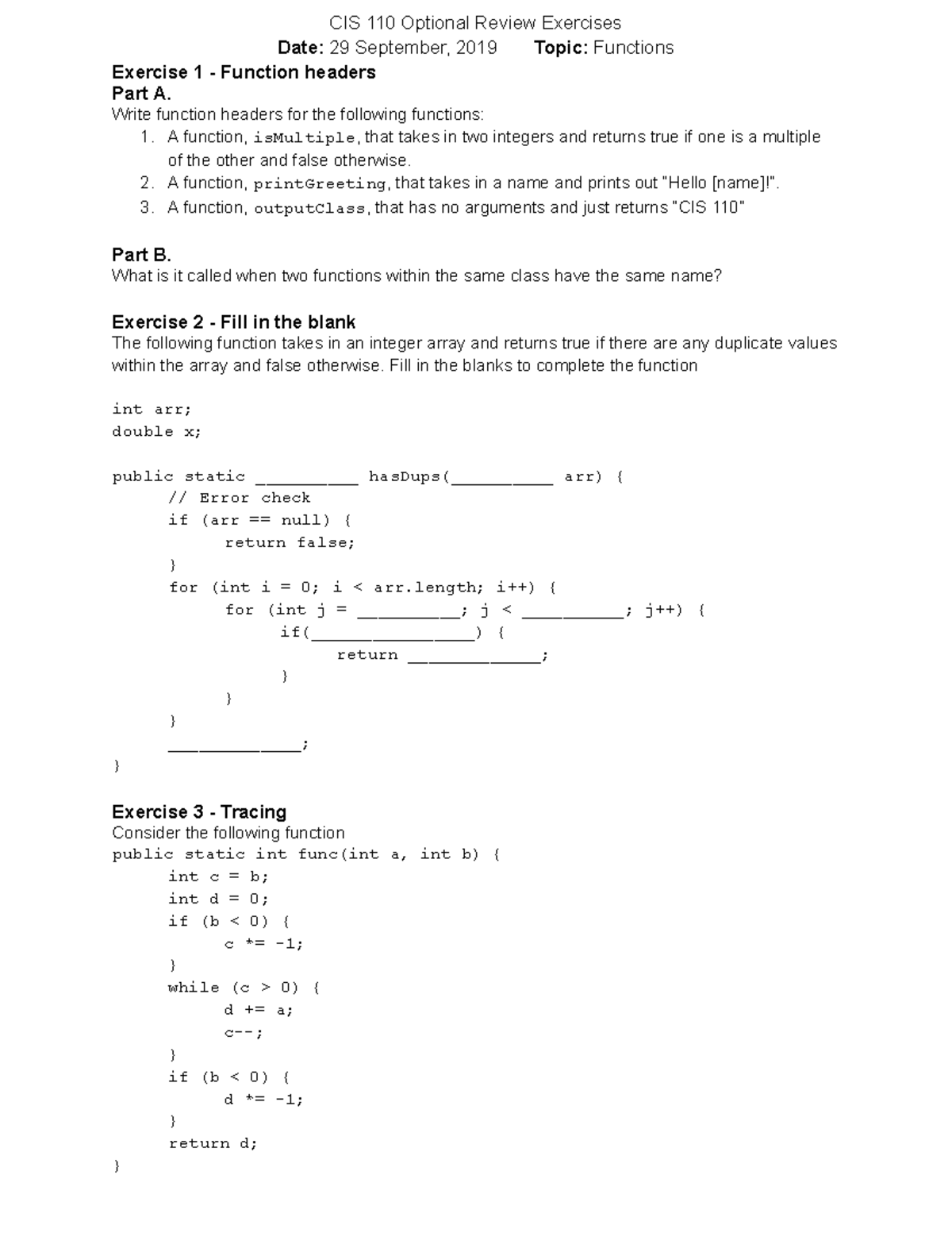 Functions Worksheet - CIS 110 Optional Review Exercises Date: 29 ...