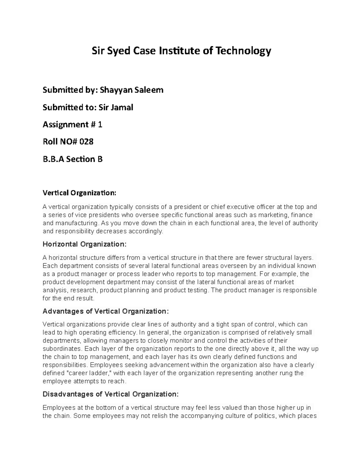 Management 1 - Sir Syed Case Institute of Technology Submitted by: Shayyan Saleem Submitted to ...
