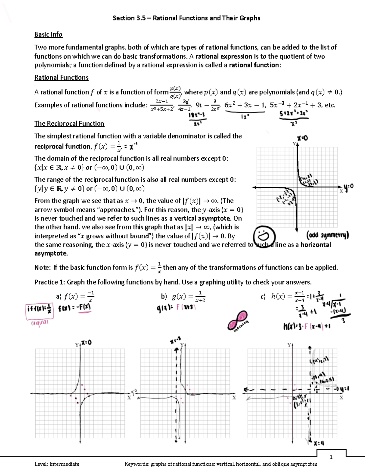 3.5 - Rational Functions and Their Graphs - 1 Basic Info Two more ...