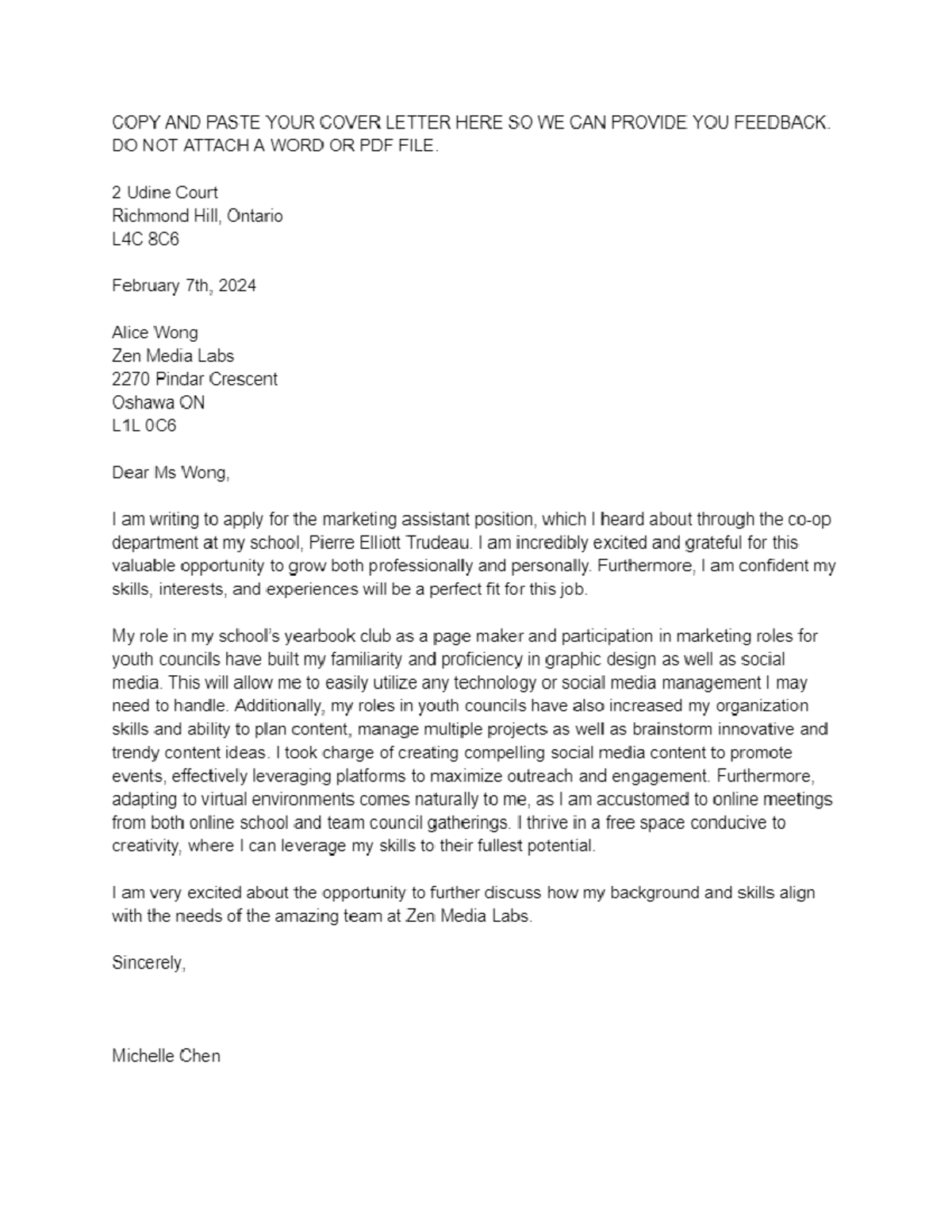 Michelle Chen - Cover Letter Blank - Google Docs - Studocu