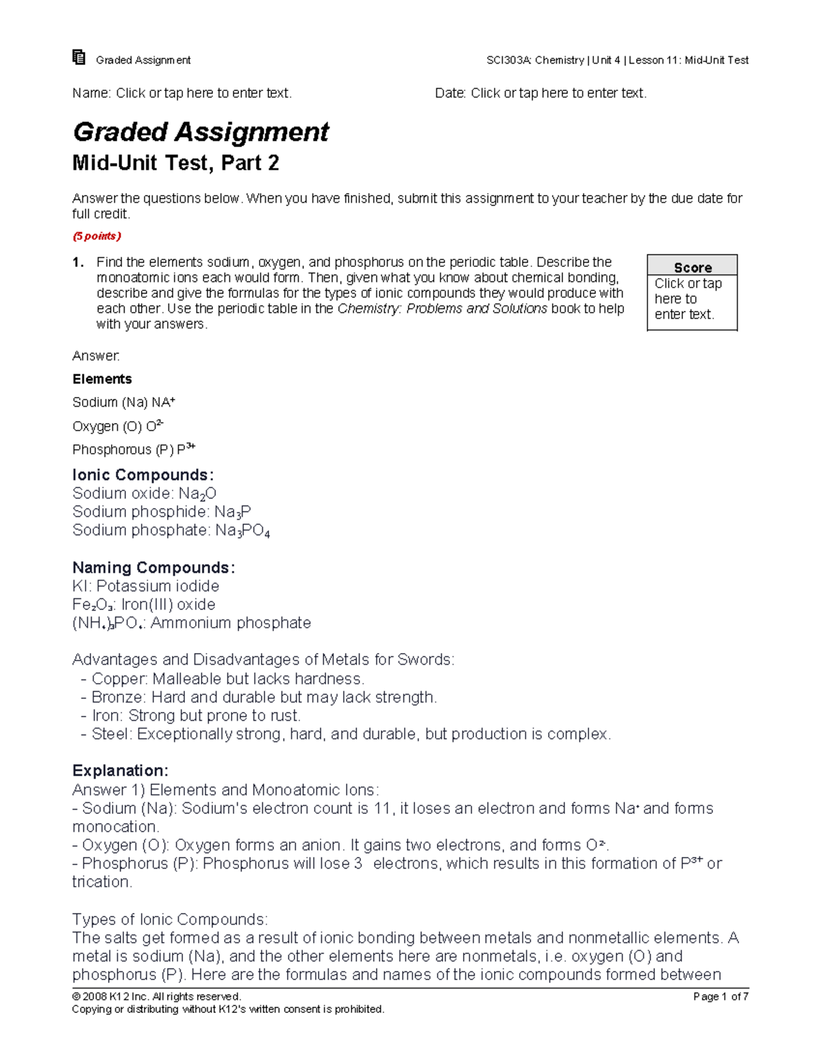 Midterm - chemistry - Name: Click or tap here to enter text. Date ...