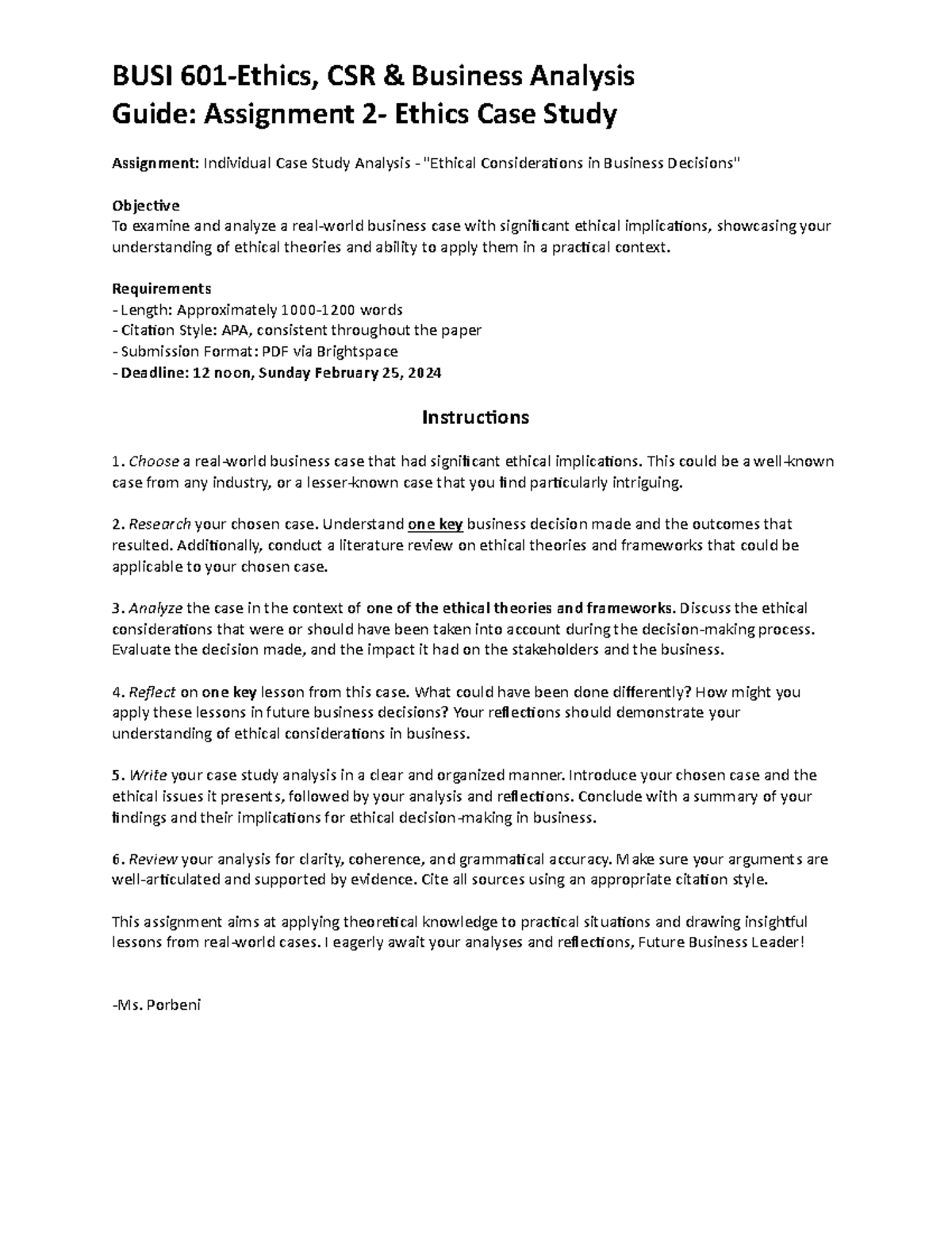 Assignment 2- Ethical Case Study BUSI 601 - BUSI 601-Ethics, CSR ...