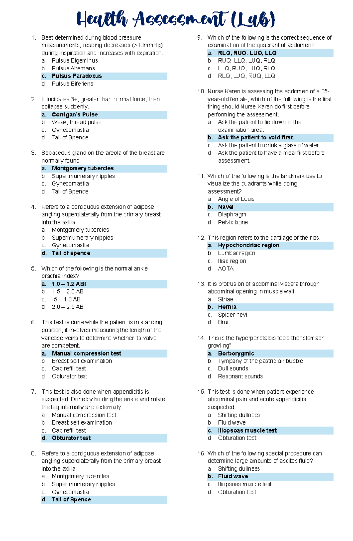 Health Assessment (Laboratory) - Health Assessment (L ab) Best ...
