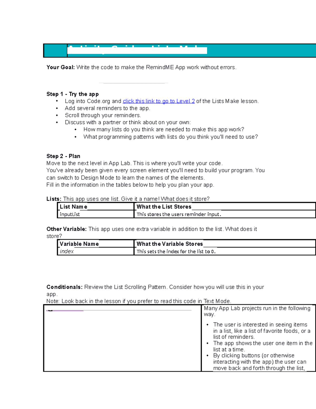 Programming With Lists PAVE - Activity Guide - Lists Make Your Goal: Write the code to make the ...